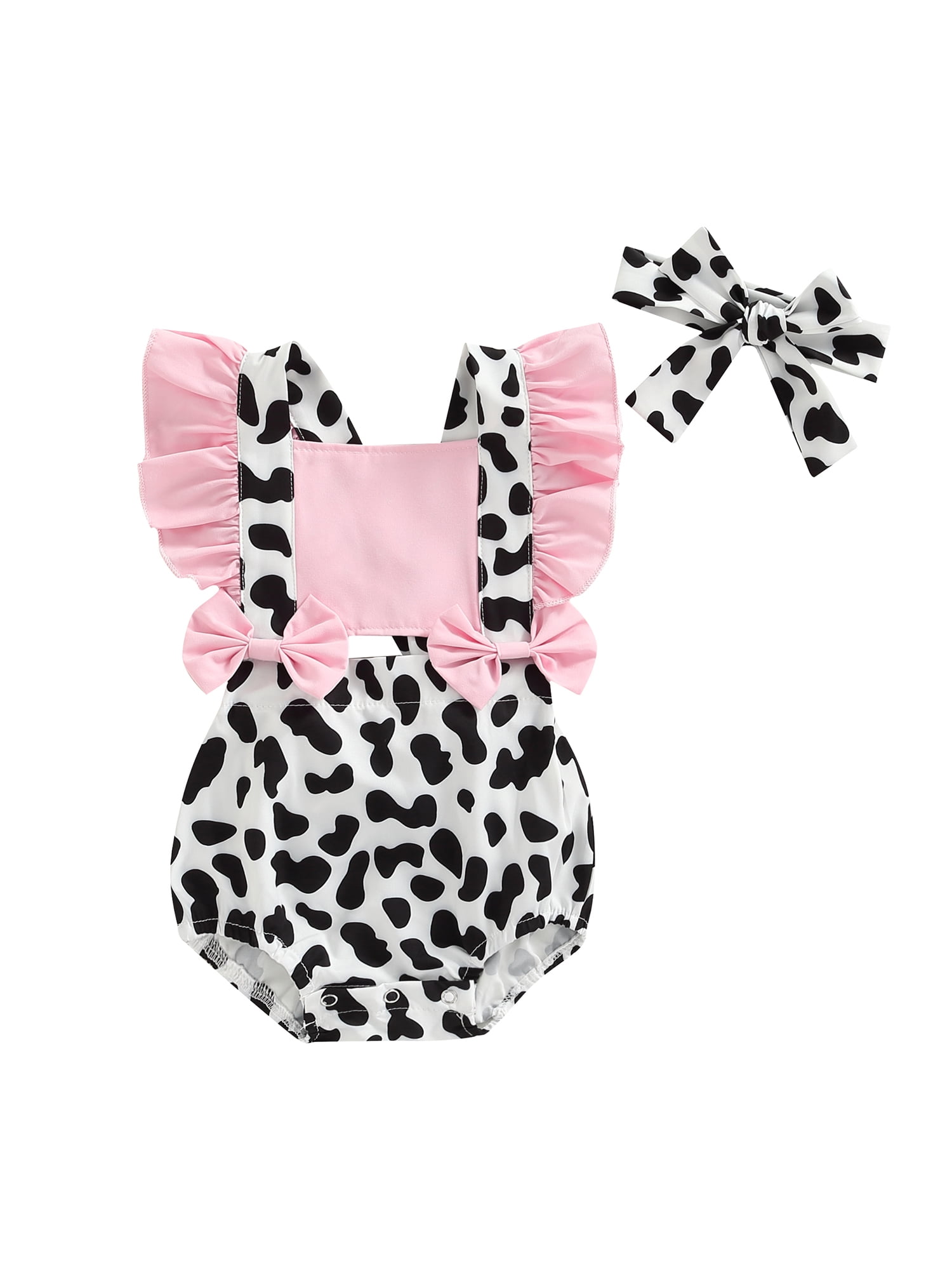 Licupiee Newborn Baby Girl Clothes Rompers Summer Ruffle Sleeve Cow Print Jumpsuit with Headband ...