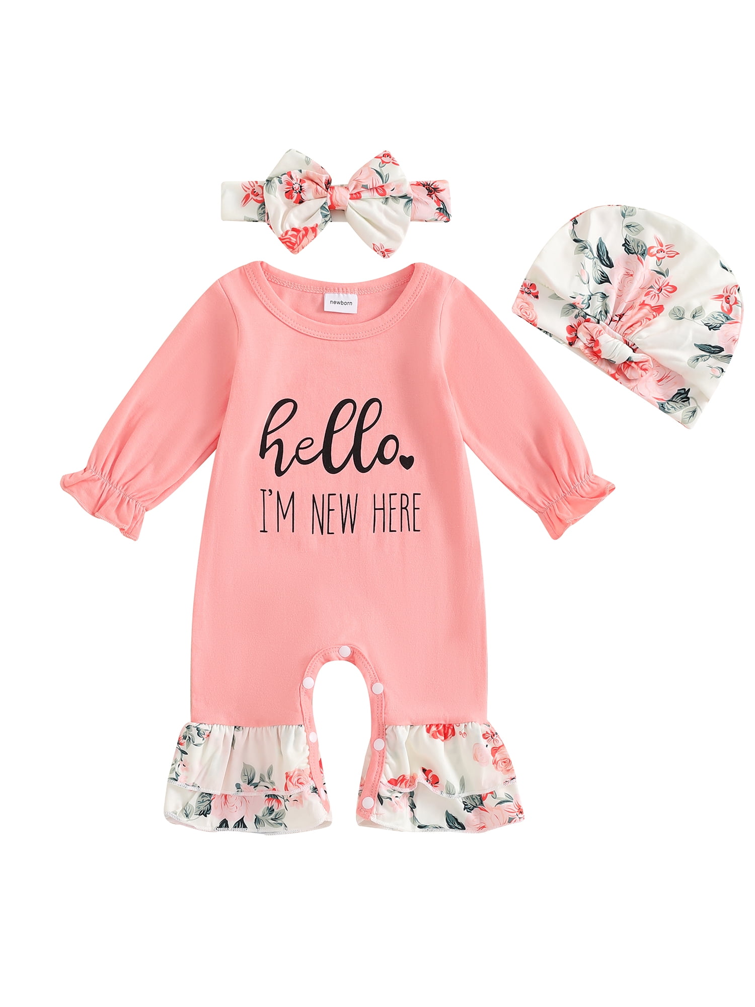 Licupiee Newborn Baby Girl Romper Ruffle Floral Infant Bell Bottom Clothes Bow Headband Flower ...
