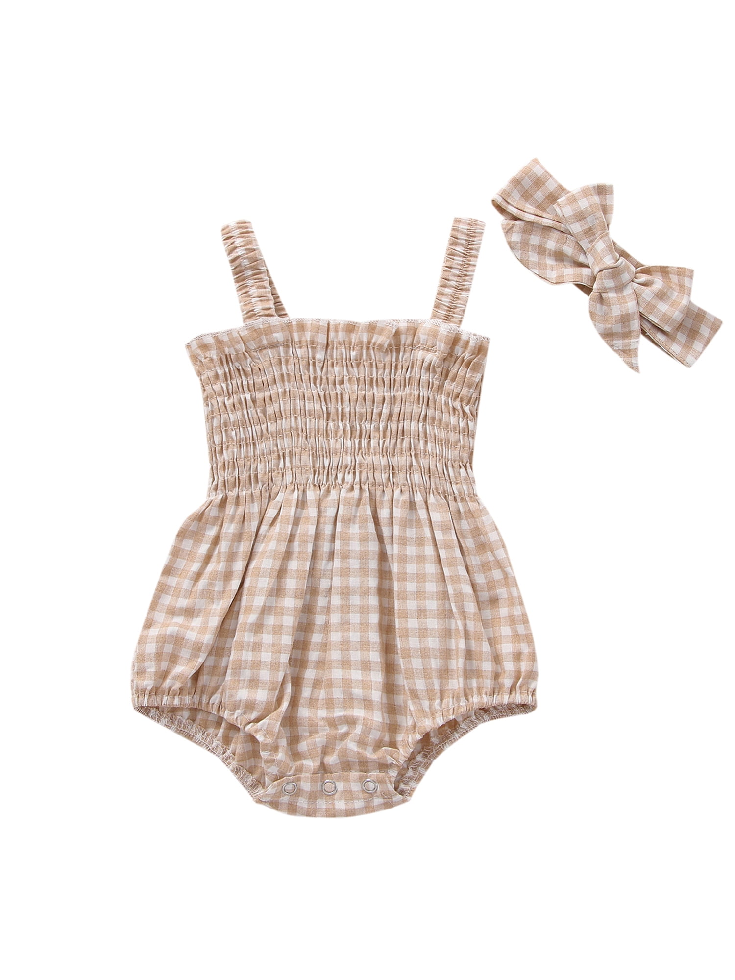 Licupiee Newborn Baby Girl Romper Sleeveless Halter Frill Plaid Onesie Jumpsuit with Headband ...