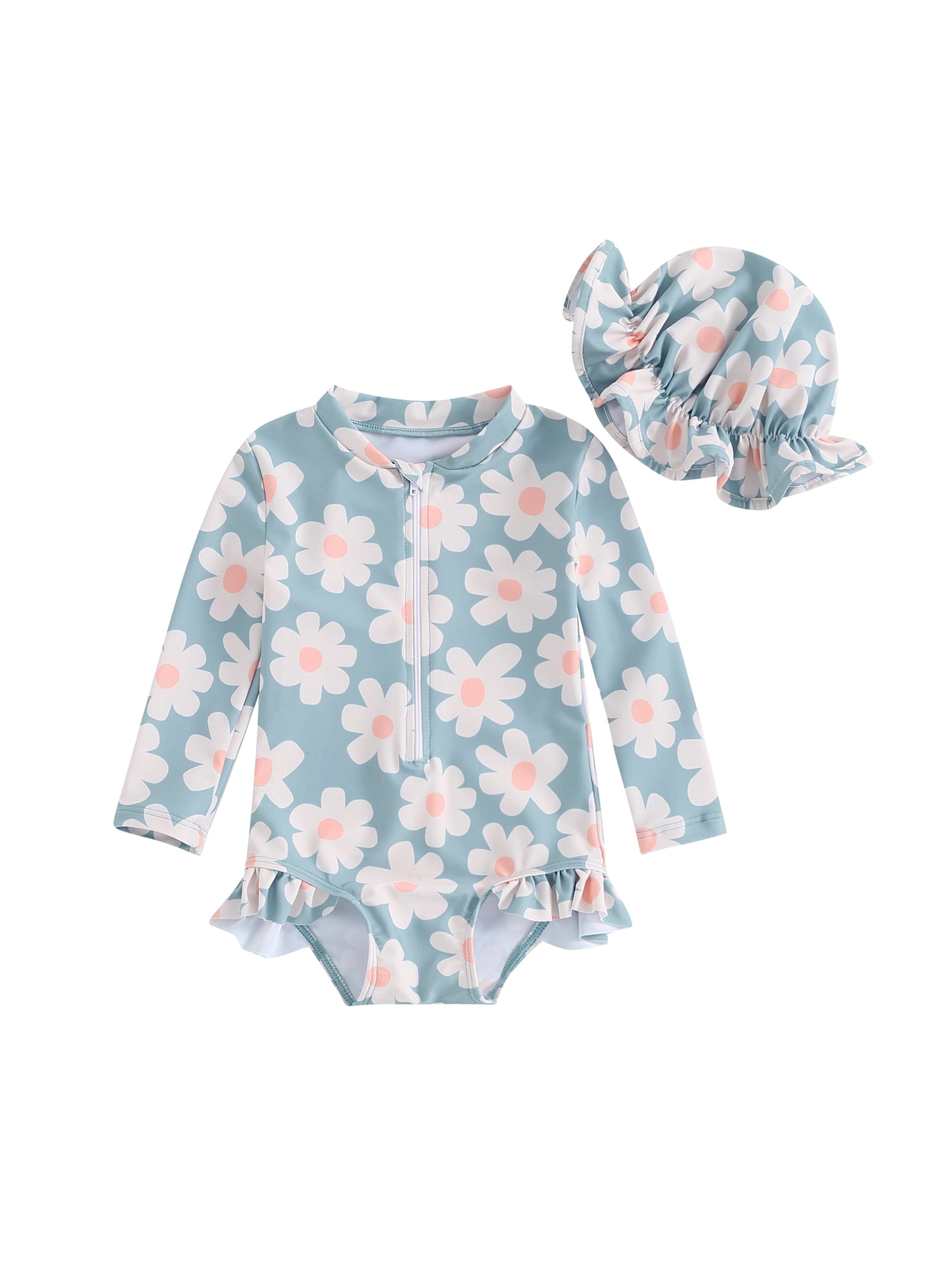 Licupiee Toddler Girls Rash Guard Swimsuit Rompers Long Sleeve Flower Print Ruffles Zipper Kids ...
