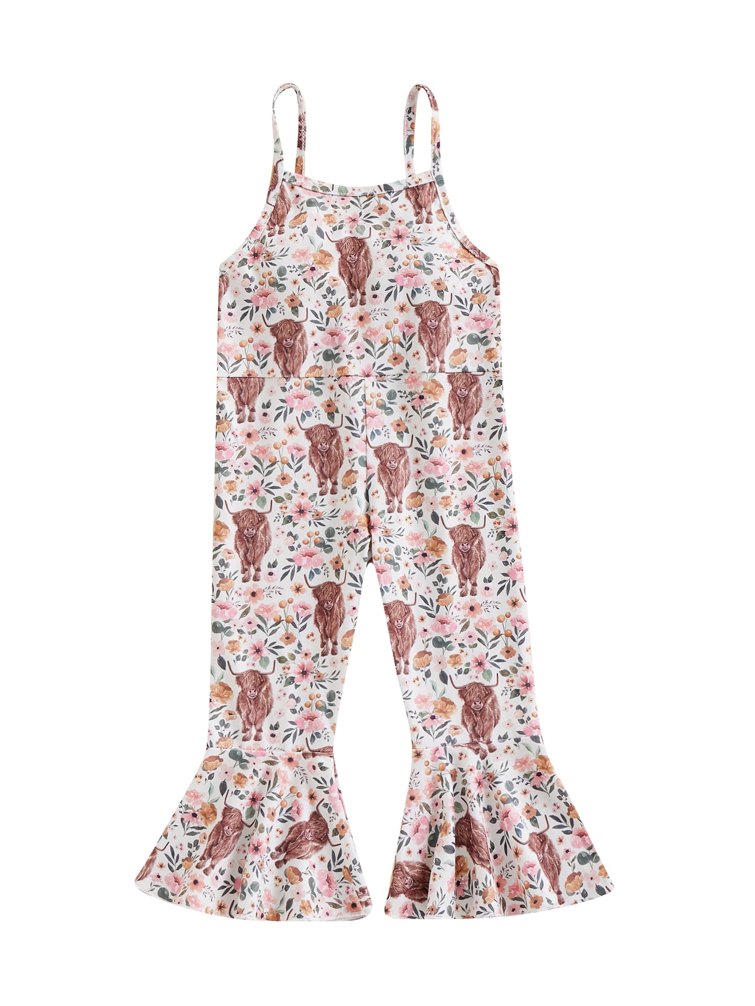 Licupiee Western Baby Girl Outfit Cow Print Bell Bottom Romper Toddler Sleeveless Suspender ...