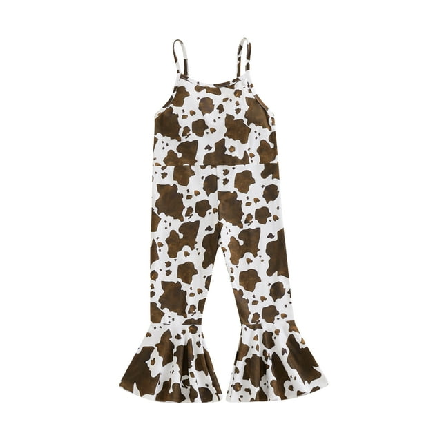 Licupiee Western Baby Girl Outfit Cow Print Bell Bottom Romper Toddler Sleeveless Suspender ...
