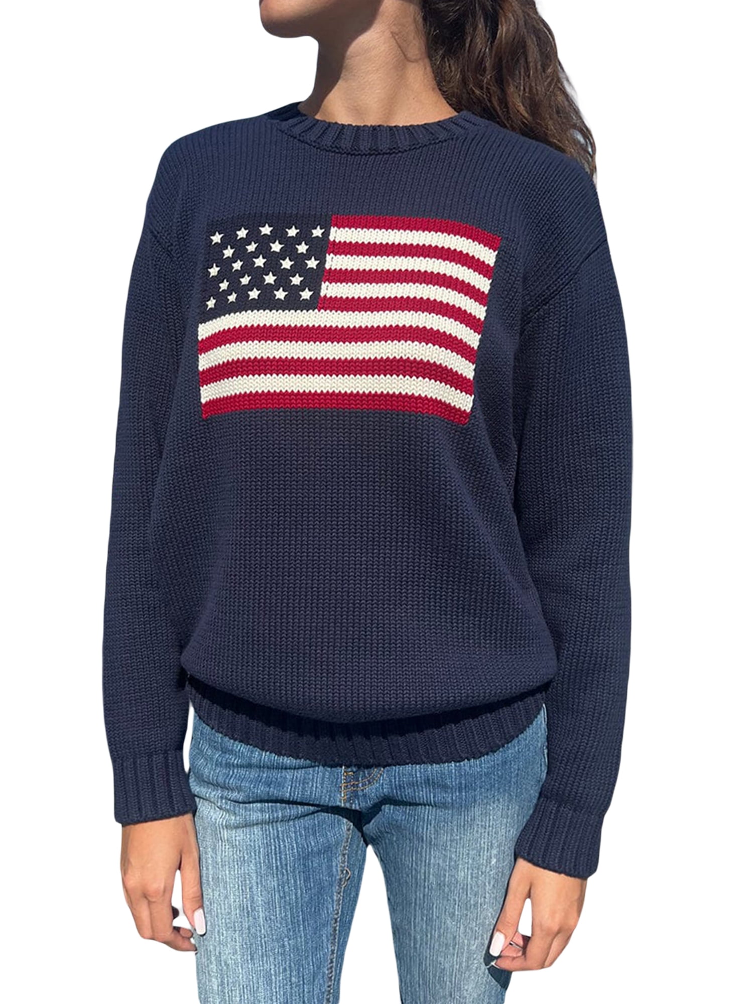Licupiee Women American Flag Sweater Long Sleeve Crew Neck Loose Fit ...