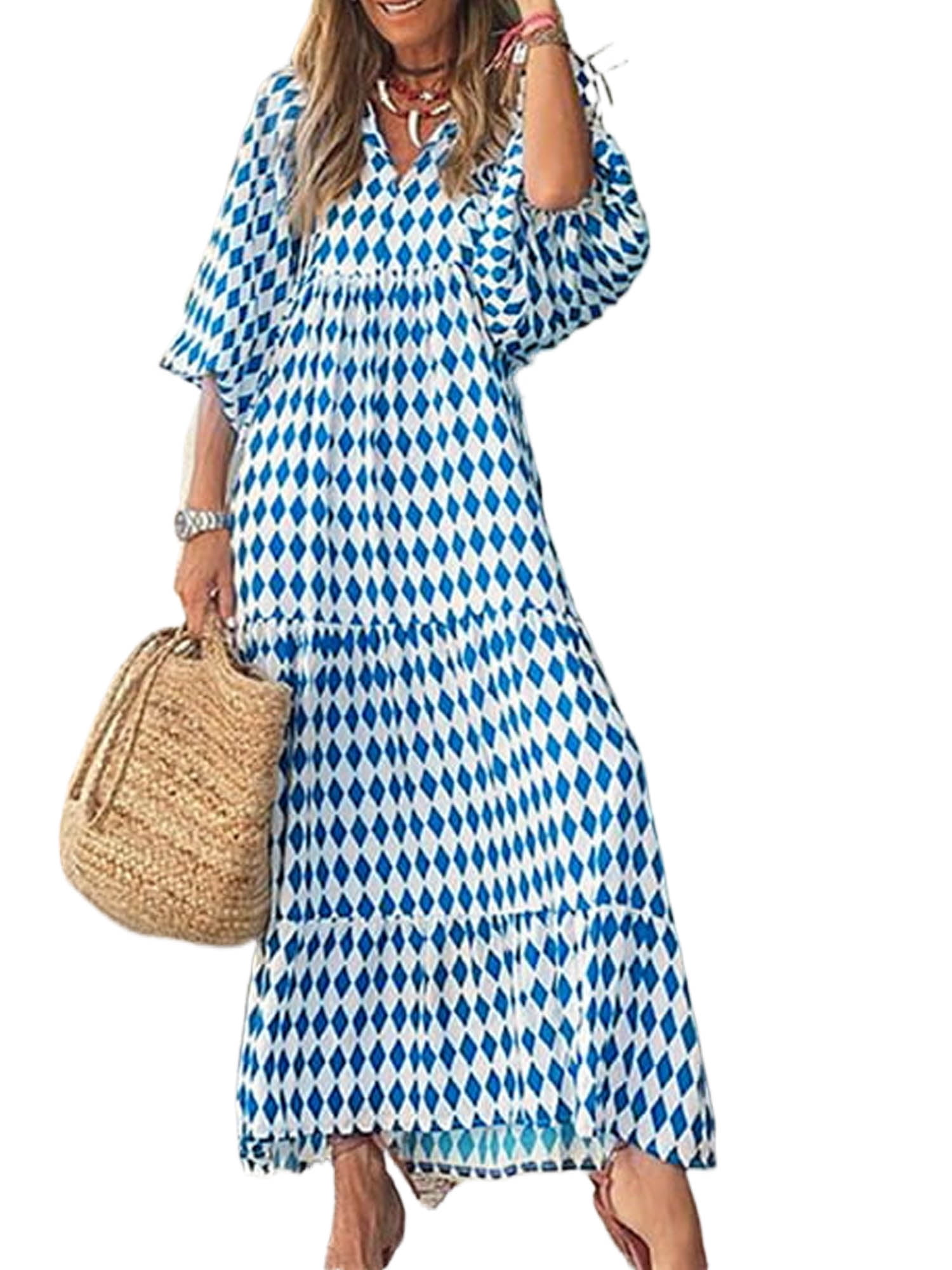 Licupiee Women Boho Floral Puff Sleeve Tiered Maxi Dress Casual Layered ...