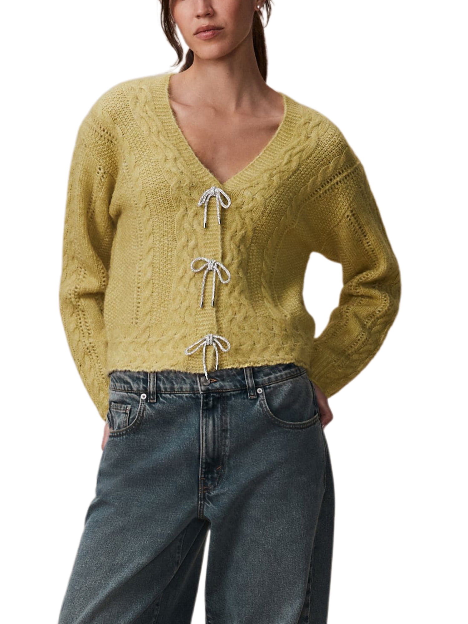 Licupiee Women Crop Cardigan Sweaters Tie Bow Snap Button Closure Knit ...