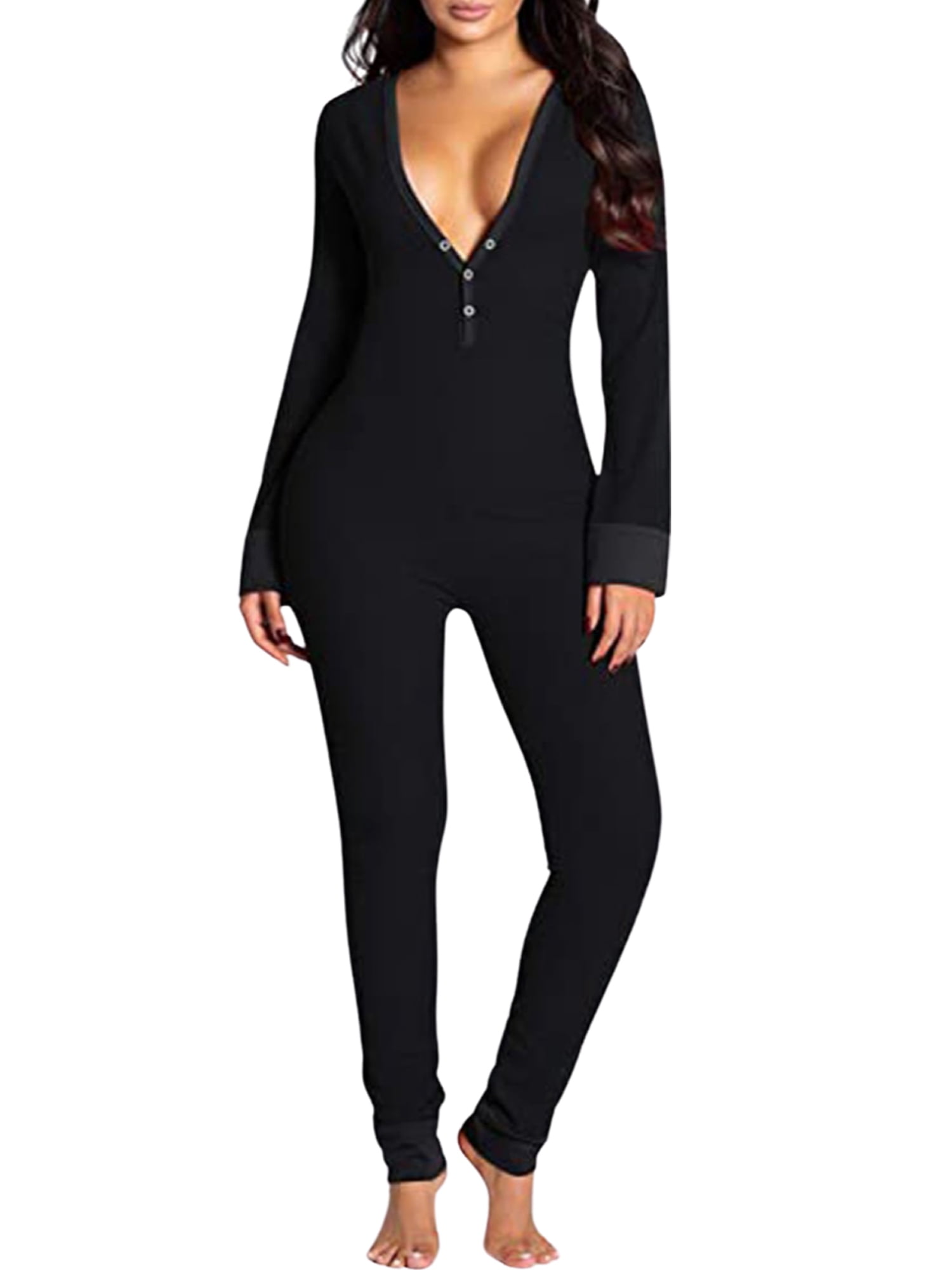 Licupiee Womens Sexy Deep V Neck Onesie Pajamas Jumpsuit Bodycon Long