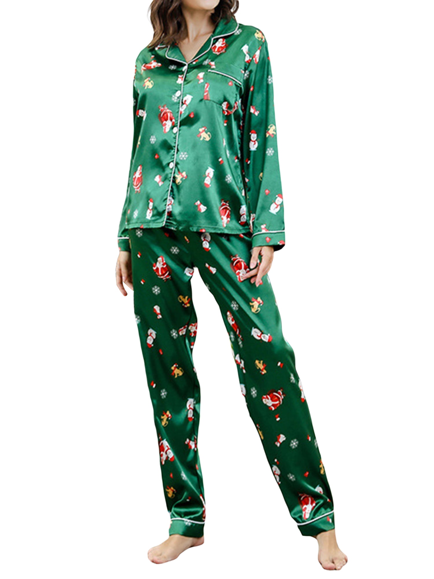 Licupiee Womens Christmas Silk Satin Pajamas Long Sleeve Pj Set Two ...