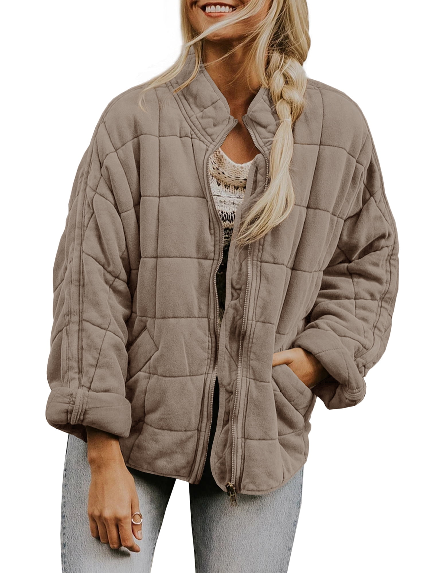 Licupiee Womens Lightweight Quilted Jacket Zip Up Long Sleeve Stand ...