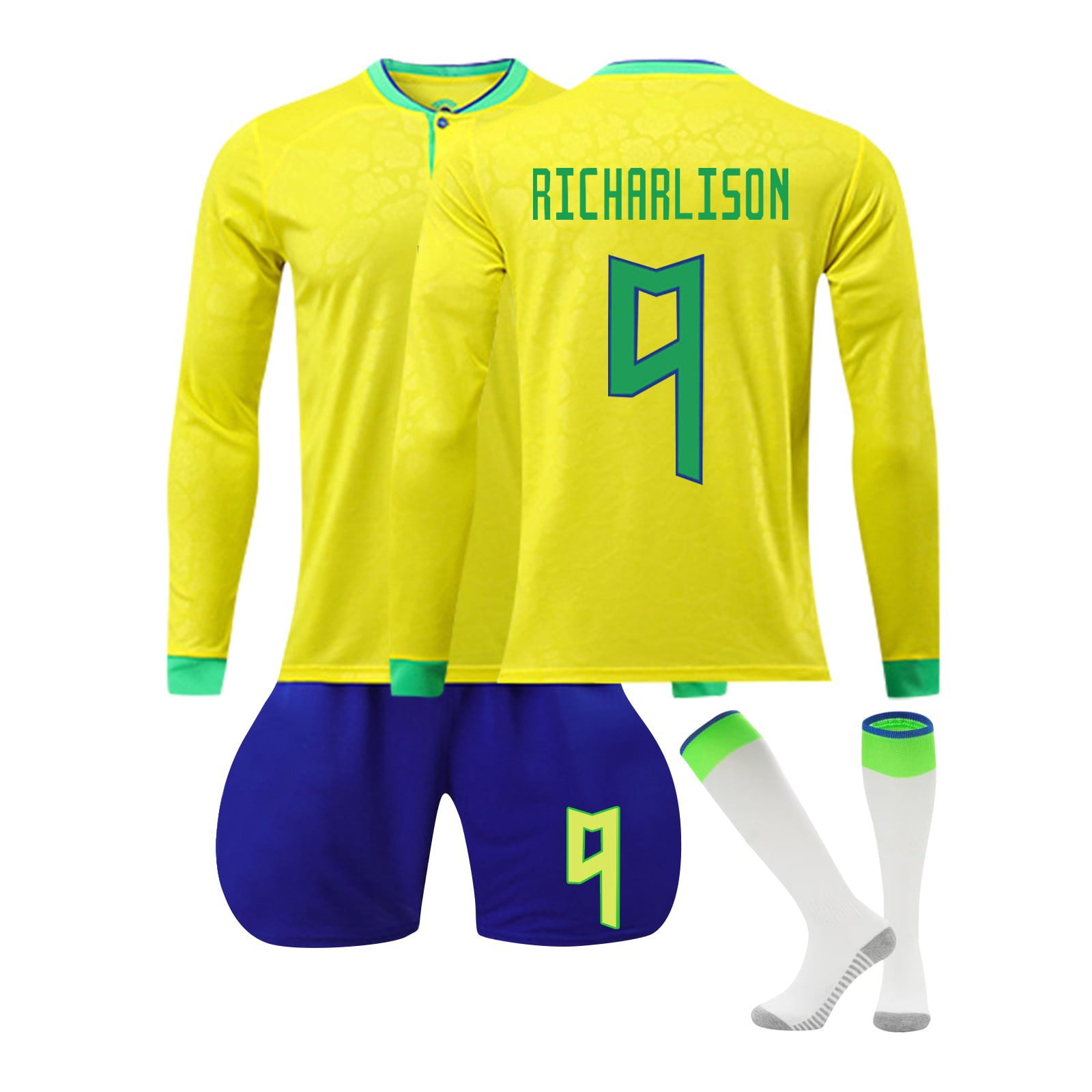 Lide 2022 World Cup Brazil Home Game Long Sleeve Soccer Uniform, #9 ...