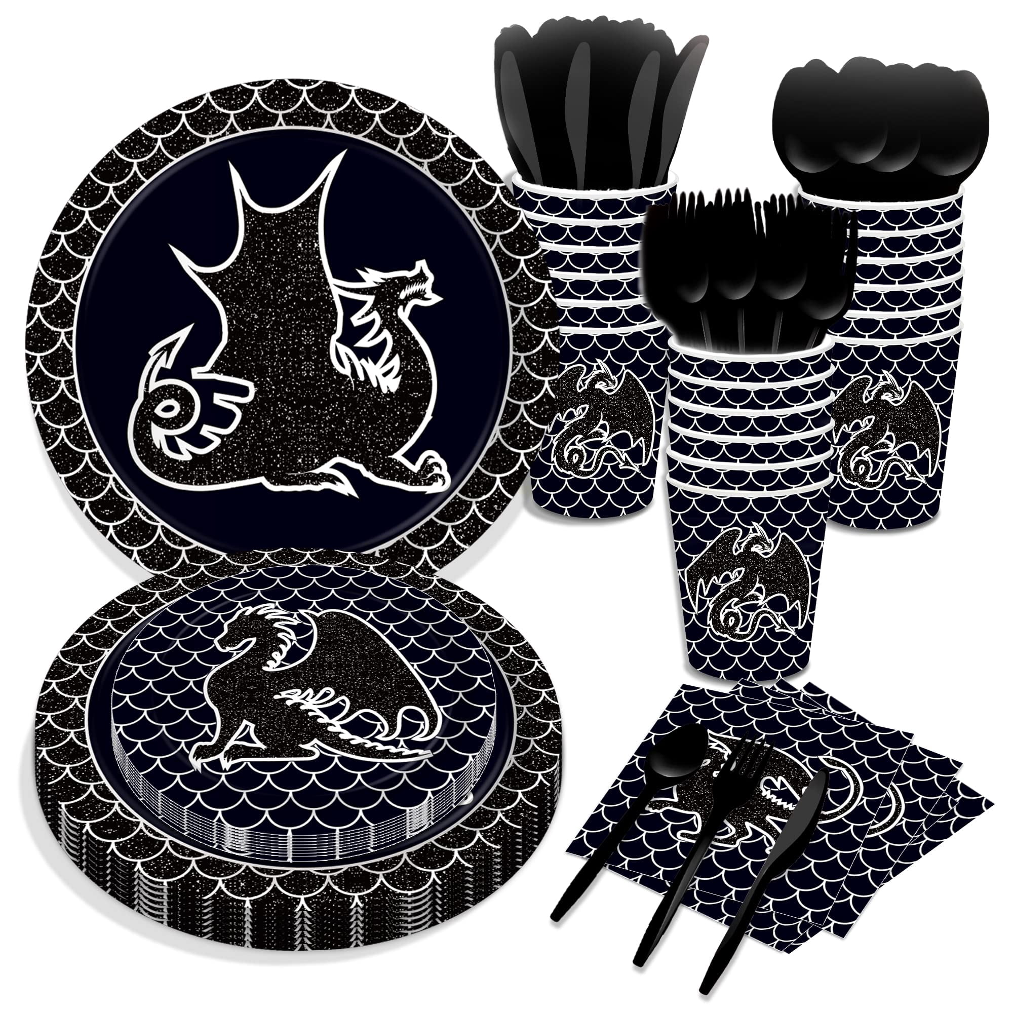 Lide Road 116EGSC Pcs Black Dragon Party Supplies Tableware Set for 16 ...