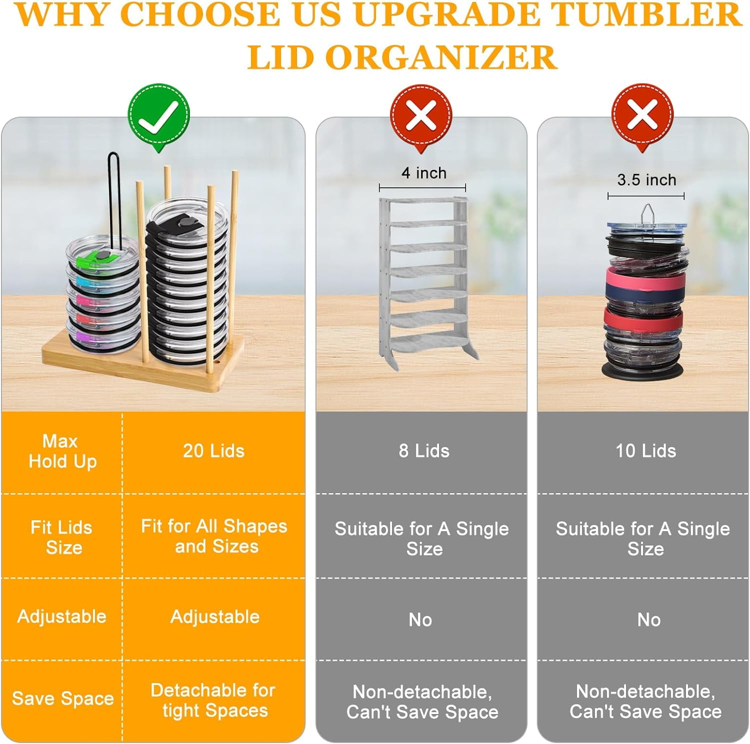Lids Organizer, Lid Holder, Adjustable Detachable Tumbler Bamboo ...