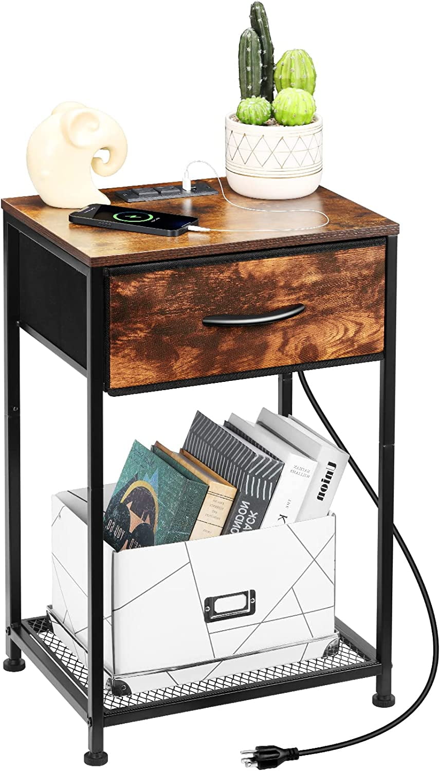 LiebeRen Industrial End Table with Drawer, Bed Side Table Nightstand ...