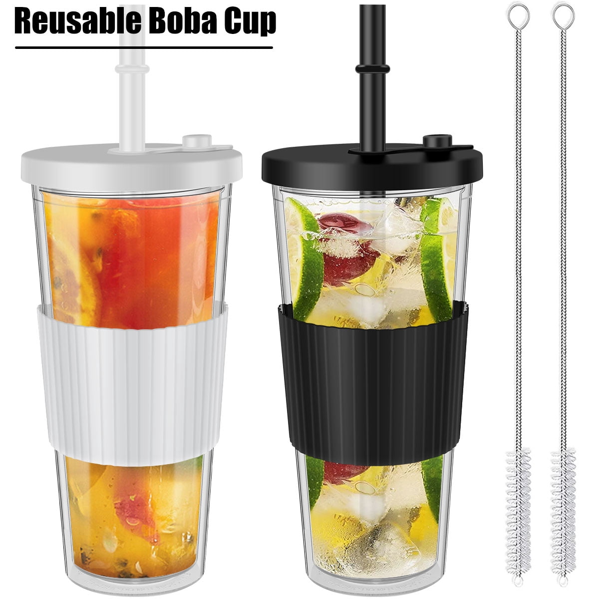 Lieonvis 2 PCS Boba Cup Bubble Tea Cup 24Oz,Reusable Wide Mouth ...