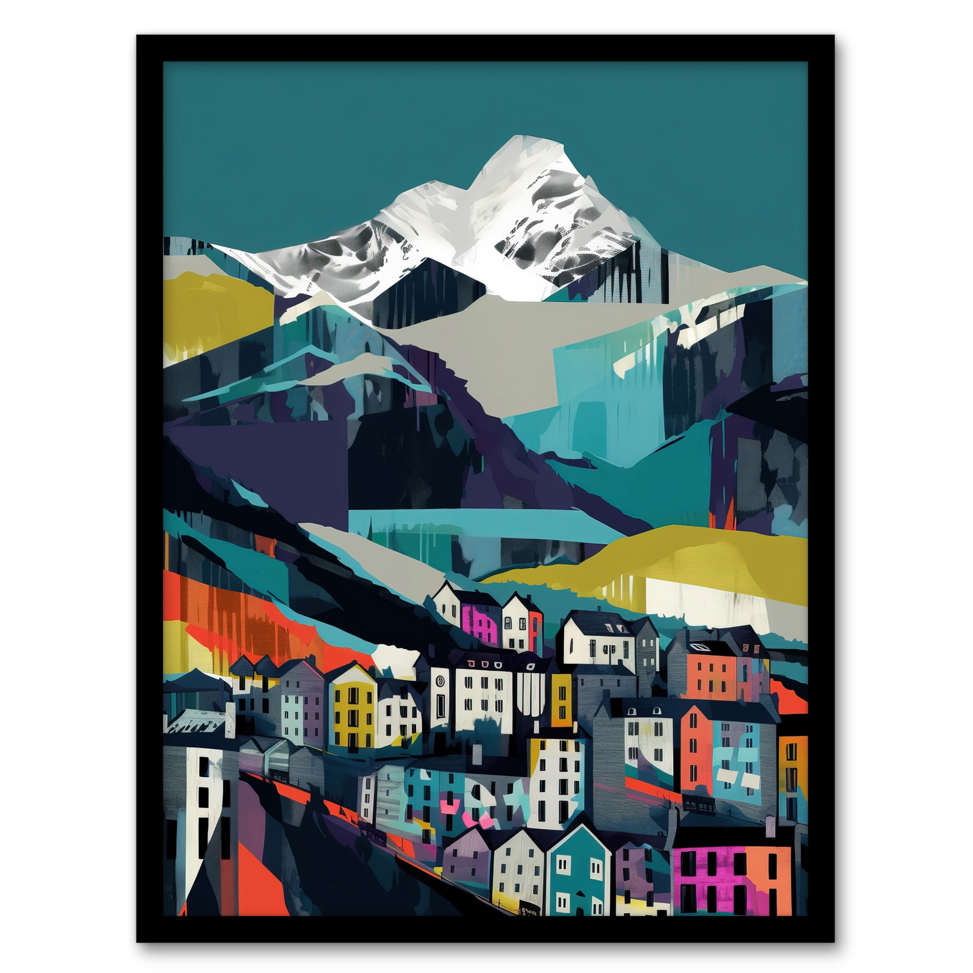Life Beneath the Summit Colourful Artwork Townscape by Alpine Mountains ...