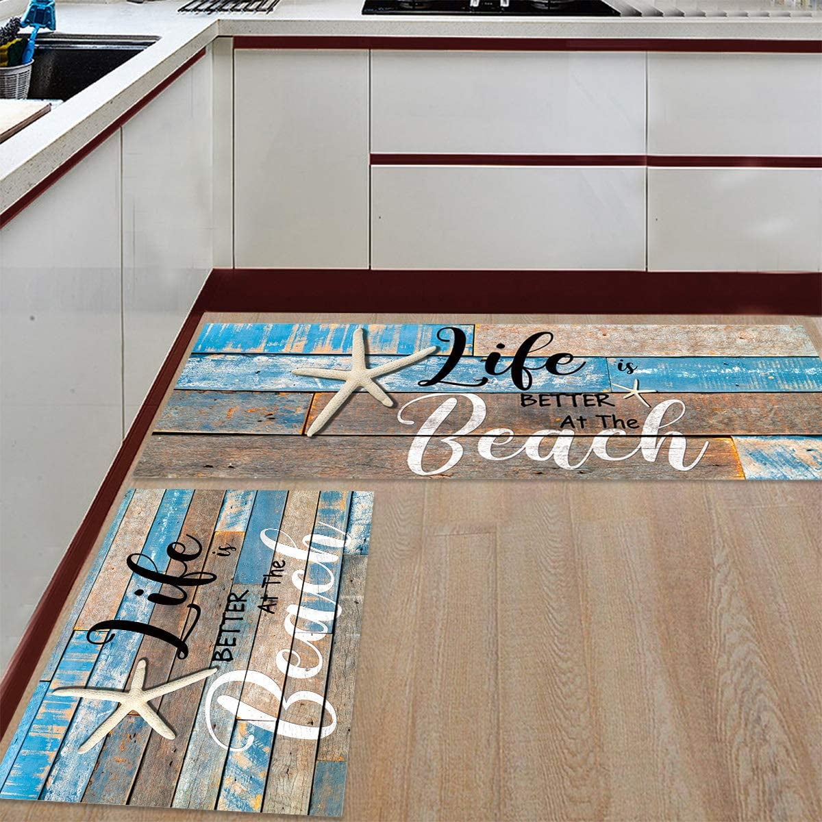 Life is Better at Beach 2 Piece Absorbent Kitchen Rugs and Mats Marine ...