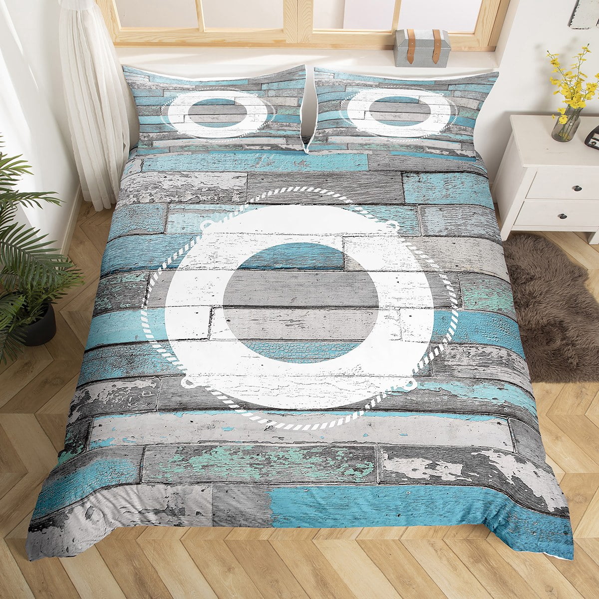 Life Buoy Comforter Cover White Ocean Theme Sketch Bedding Set for ...