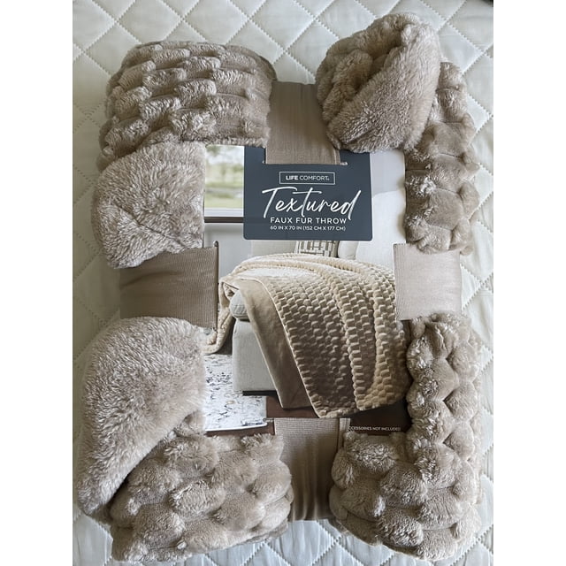 Life Comfort Textured Faux Fur Throw Blanket, Brown 60-Inch x 70-Inch ...