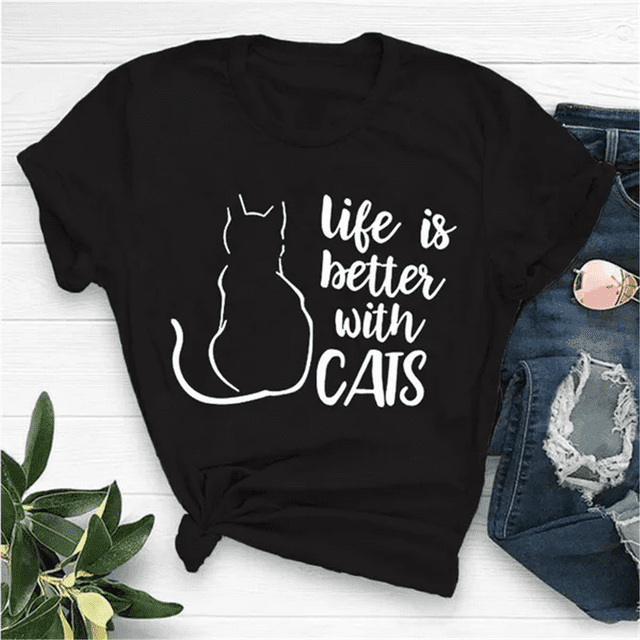 Life Is Better..., Cute Cat Lover T Shirts Girls and Women's Funny ...