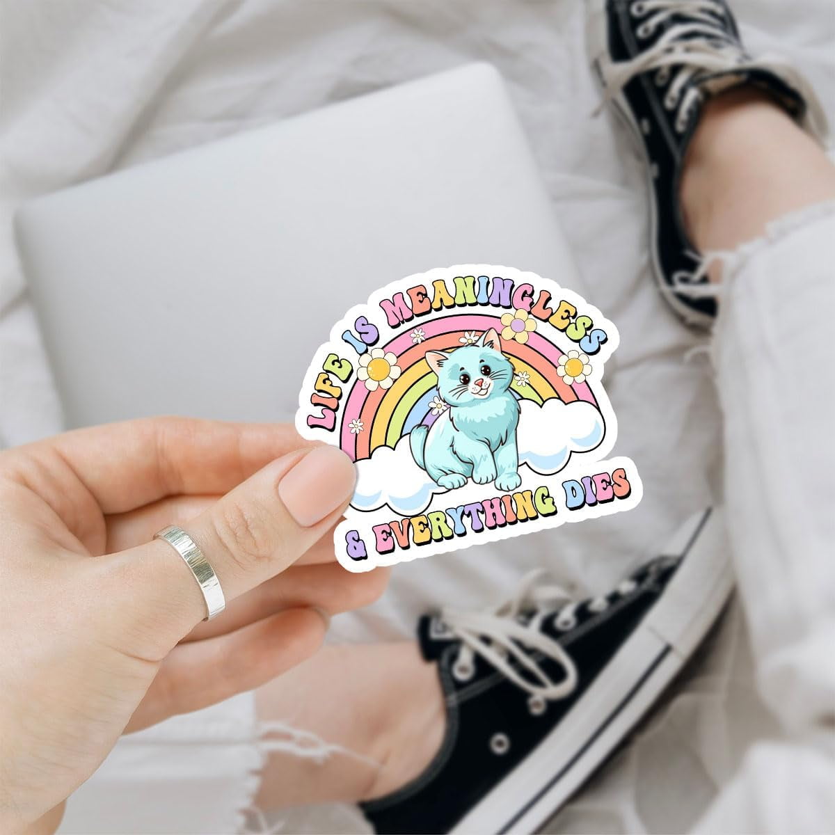 Life is Meaningless & Everything Dies 3" Sticker, Cat Color Rainbow ...
