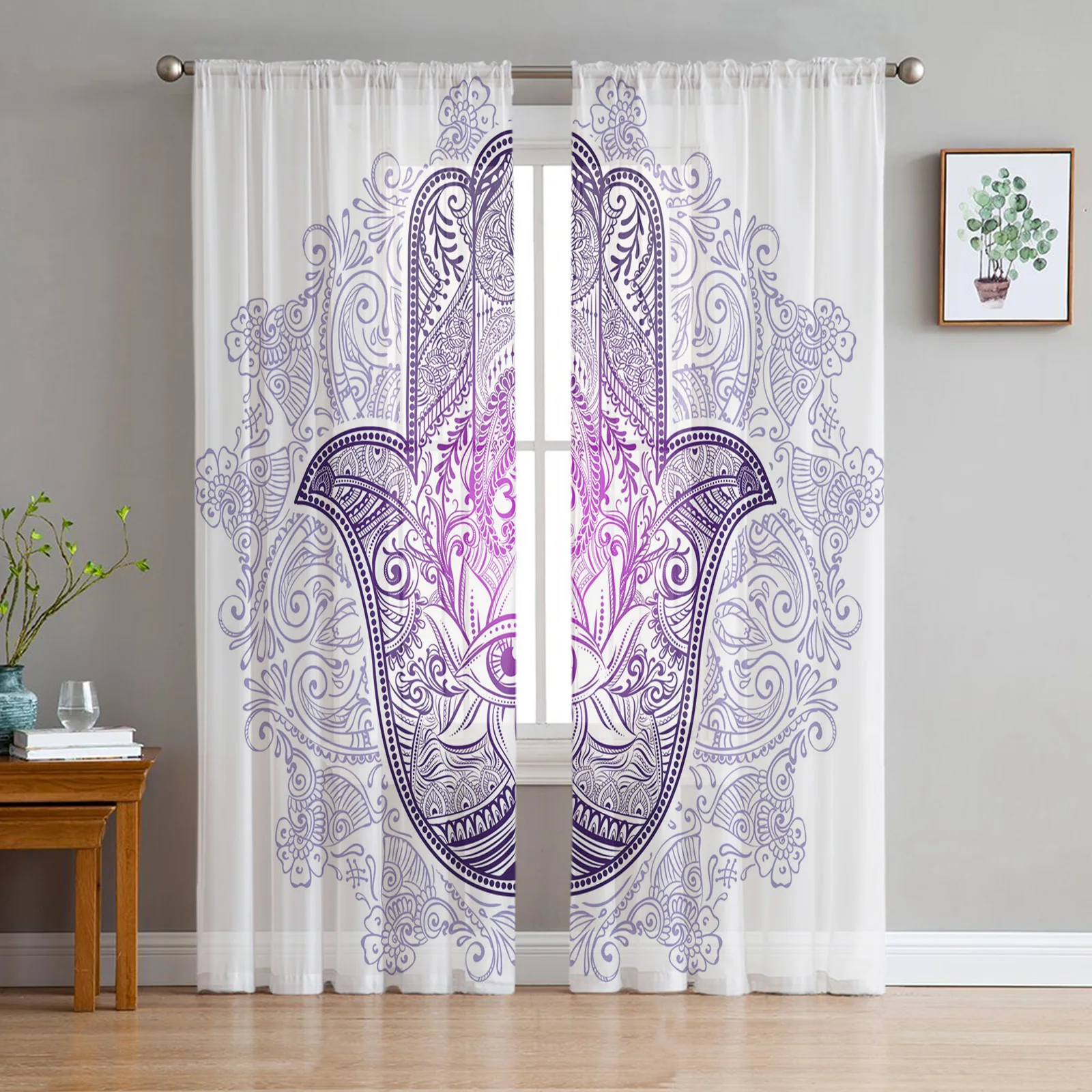 Life Of Flower Purple Tulle Curtains for Living Room Print Sheer Voile ...
