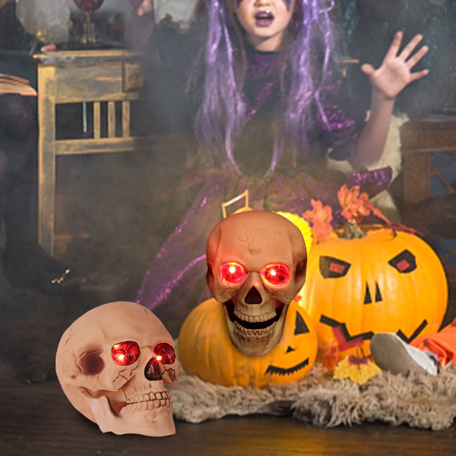 Life Size Human Skull Sculpture with LED Light Up Glowing Eyes, Night ...