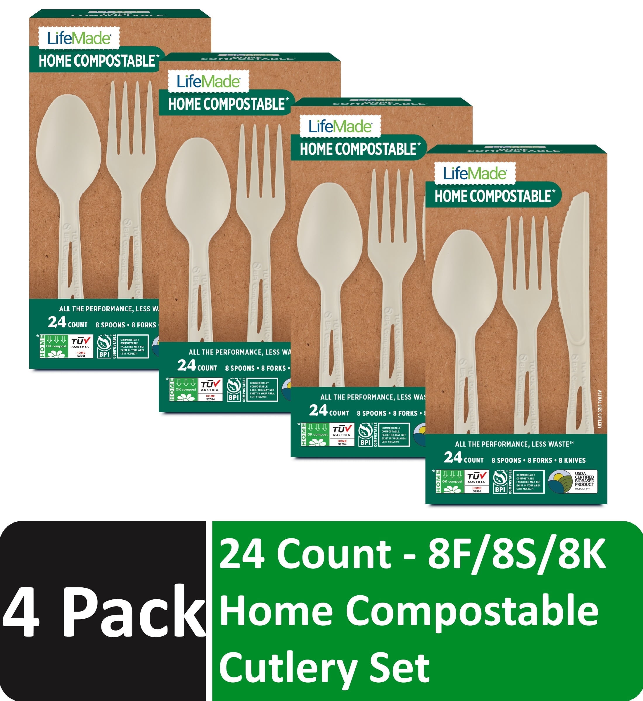 LifeMade® Home and Commercially Compostable Cutlery Sets, 96 Pieces, 4 ...