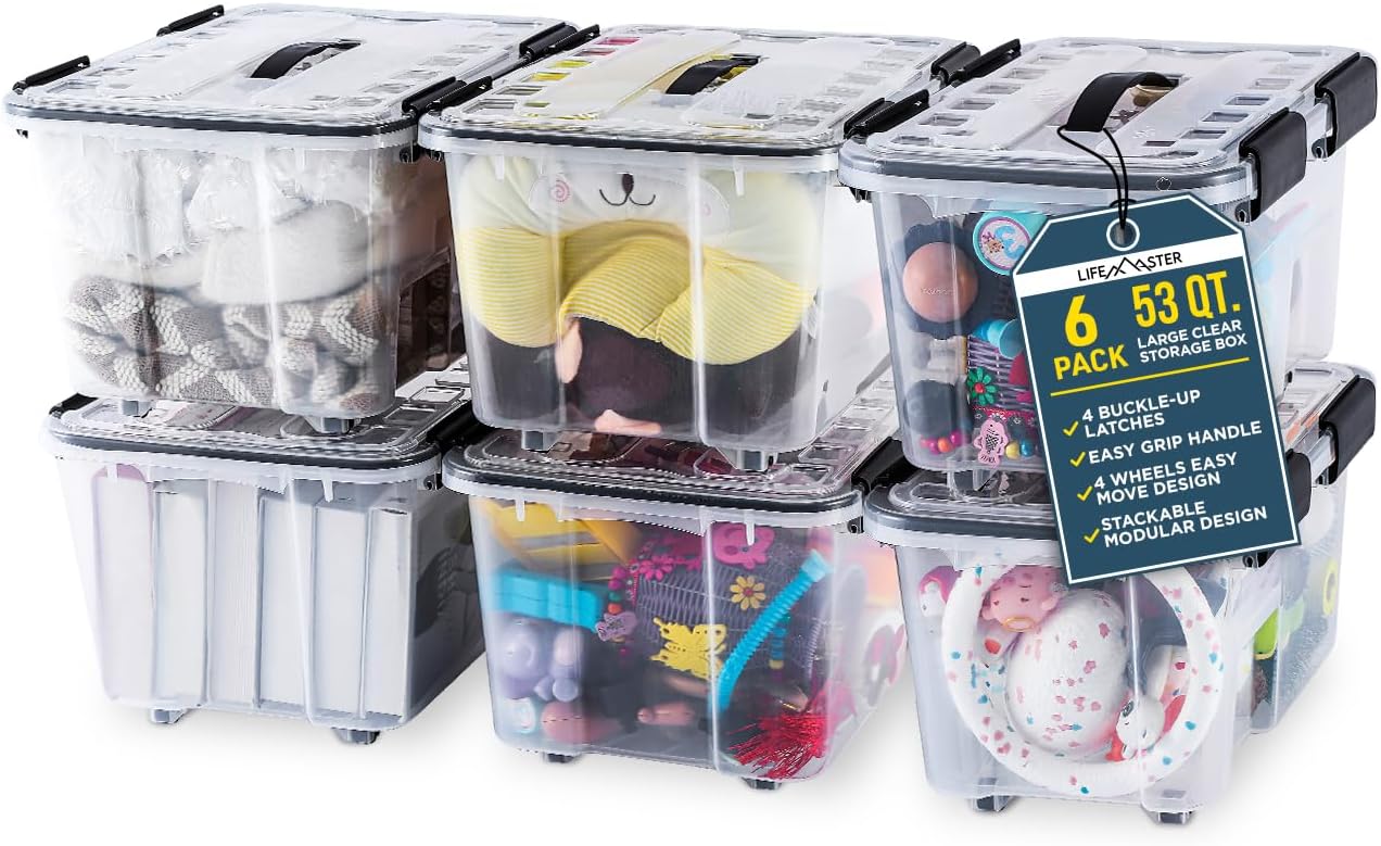 LifeMaster 6-Pack 53QT Stackable Storage Boxes - Clear Plastic, Black ...