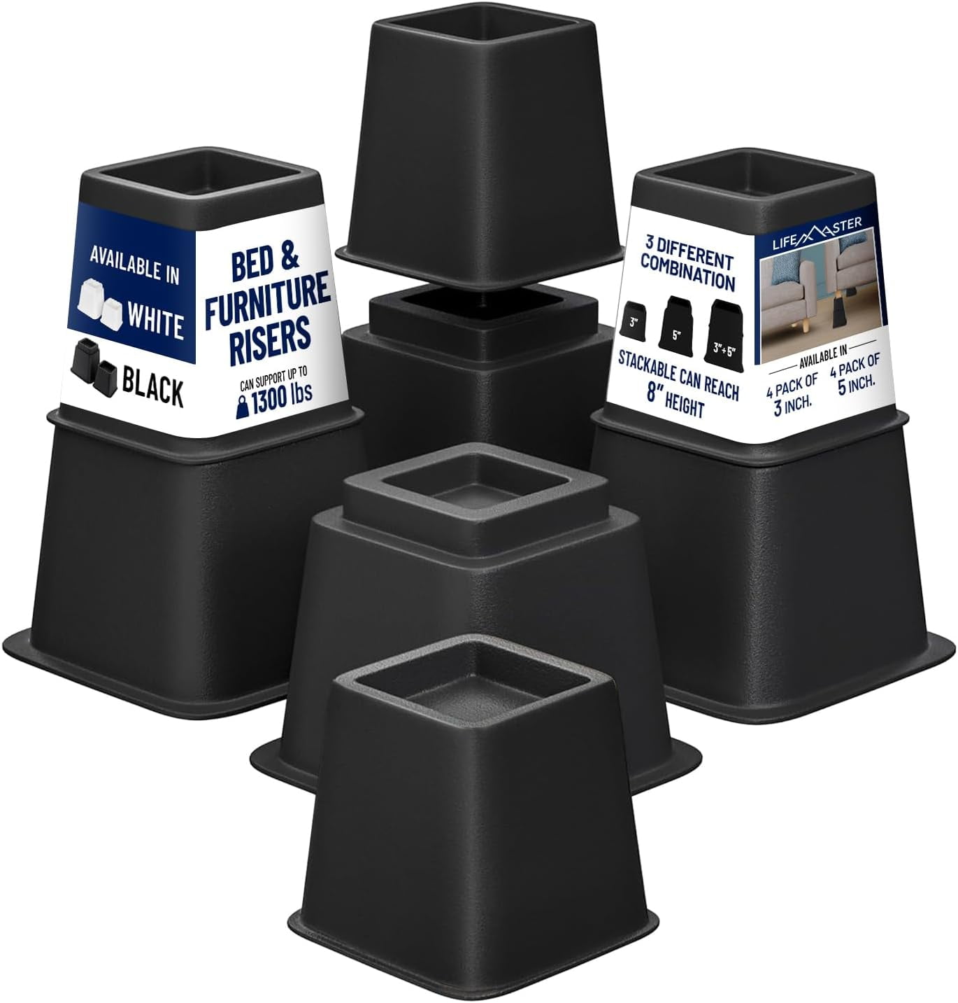 LifeMaster 8pcs Adjustable Bed Risers - 3" + 5" Heights, Heavy Duty ...