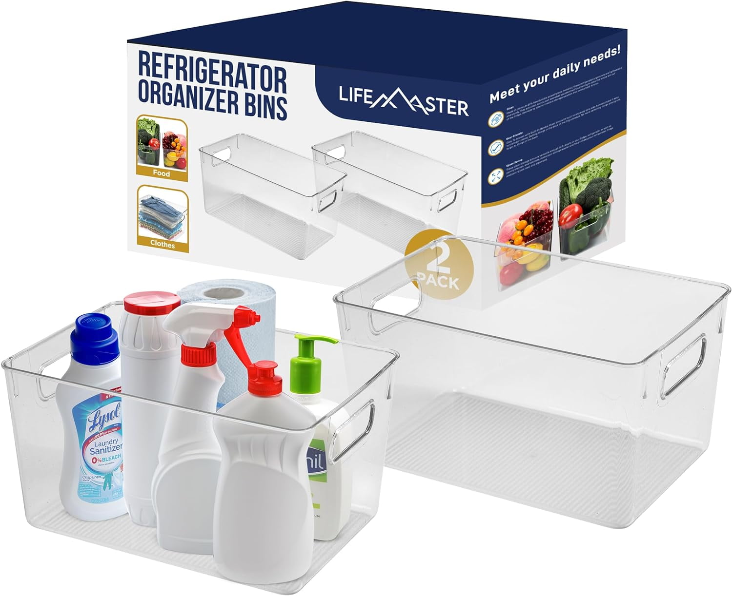 LifeMaster Pack of 2 Large Fridge Organizer PET Clear Bins - Maximize ...