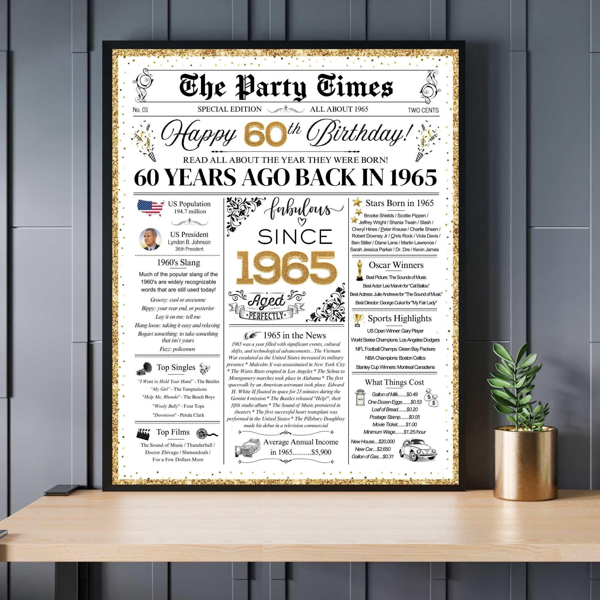 LifePlus 60th Birthday Newspaper Poster, Back in 1965 Facts for 60 Years Birthday, Gift for ...