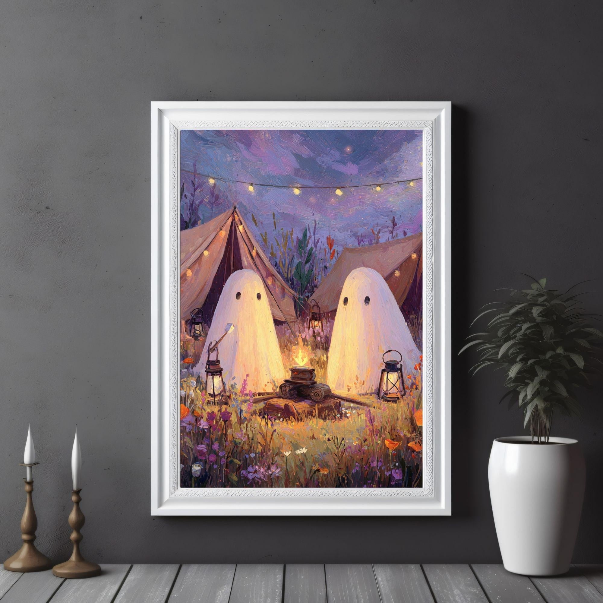 LifePlus Cute Ghost Camping Poster Cozy Halloween Wall Art Whimsical ...