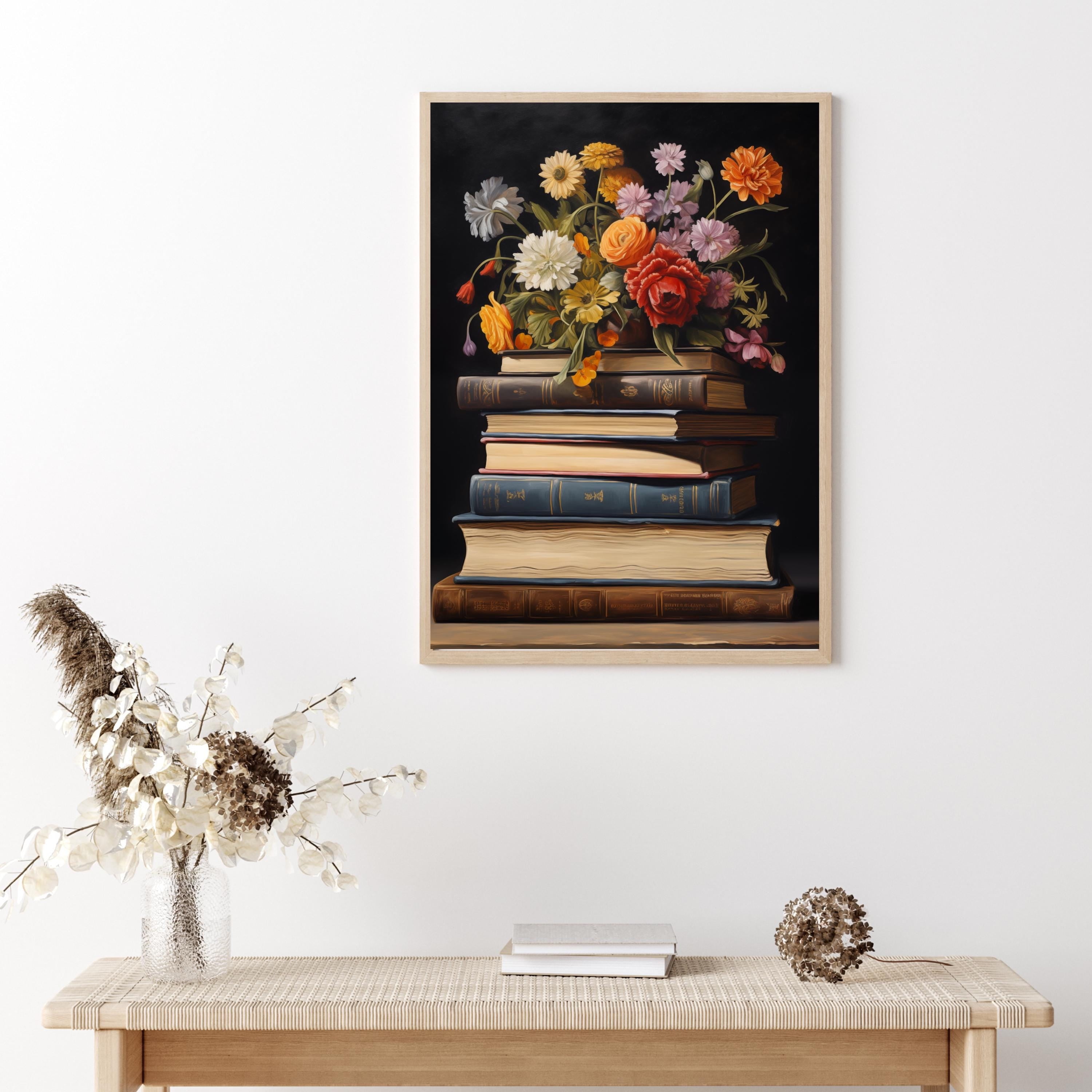 LifePlus Floral Book Stack Wall Art for Book Lovers, Vintage style ...