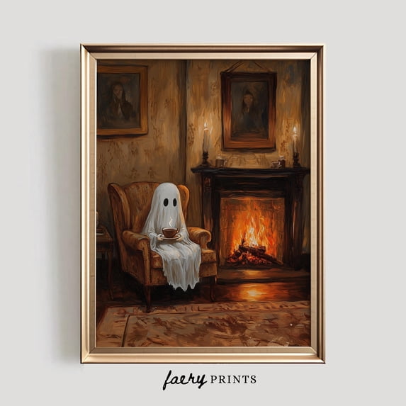 LifePlus Ghost Drinking Tea Print | Halloween Wall Art | Cute Ghost ...