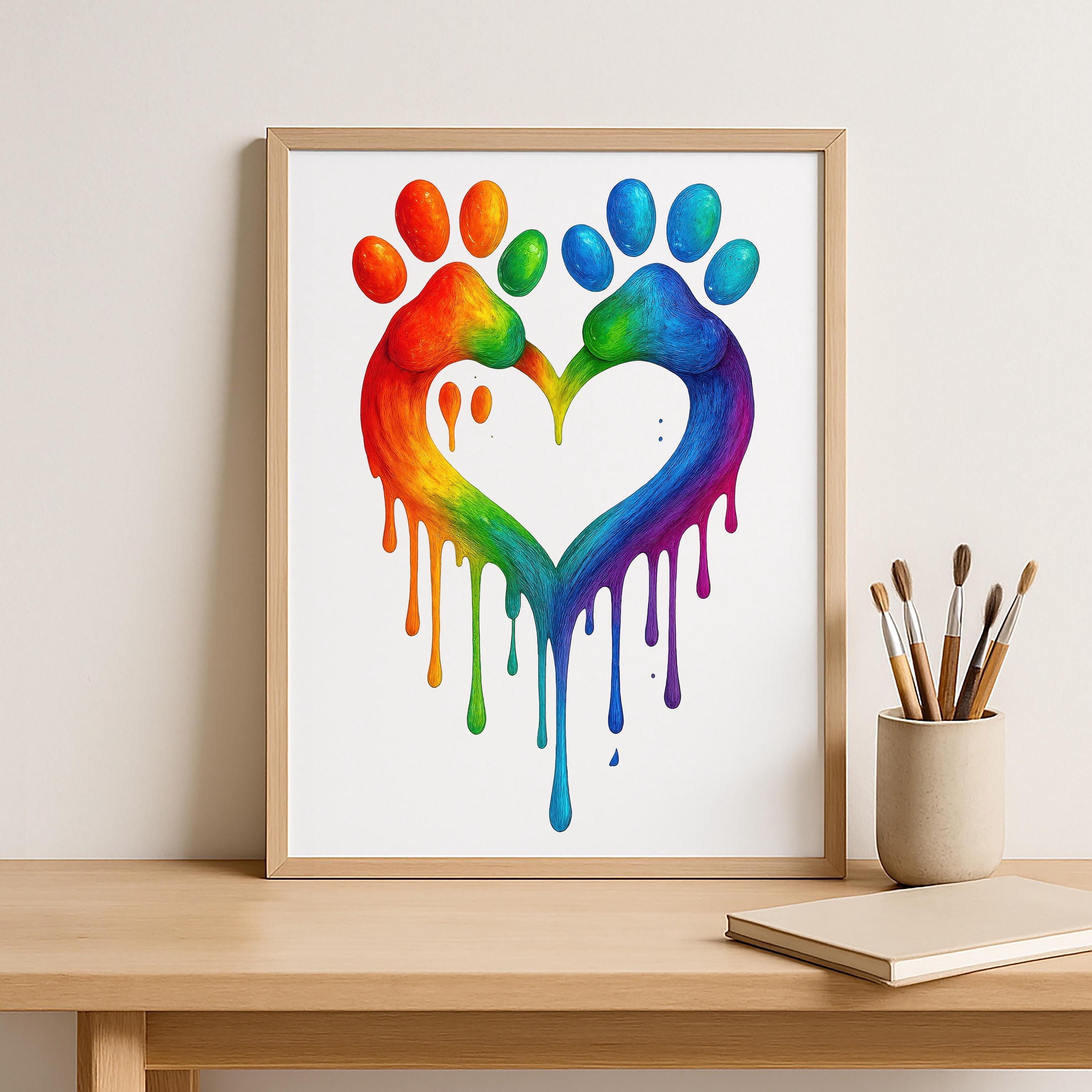 LifePlus Rainbow Paw Heart Wall Art – Colorful Dripping Paint Pet Lover ...