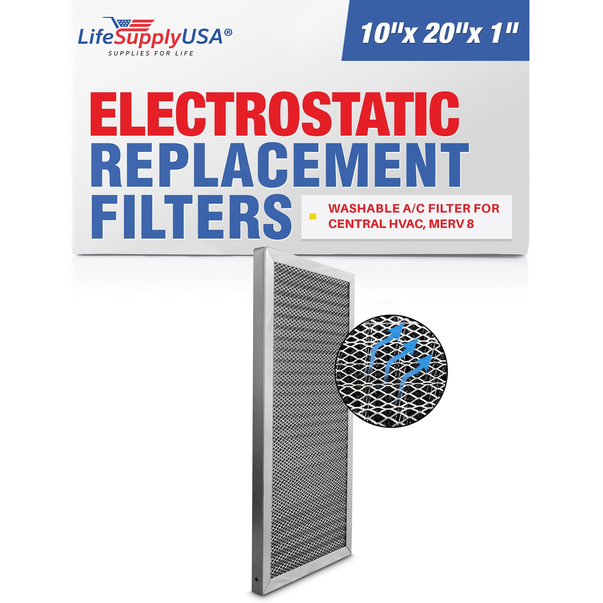 LifeSupplyUSA 10x20x1 Electrostatic Air Filter, MERV 8, Washable ...