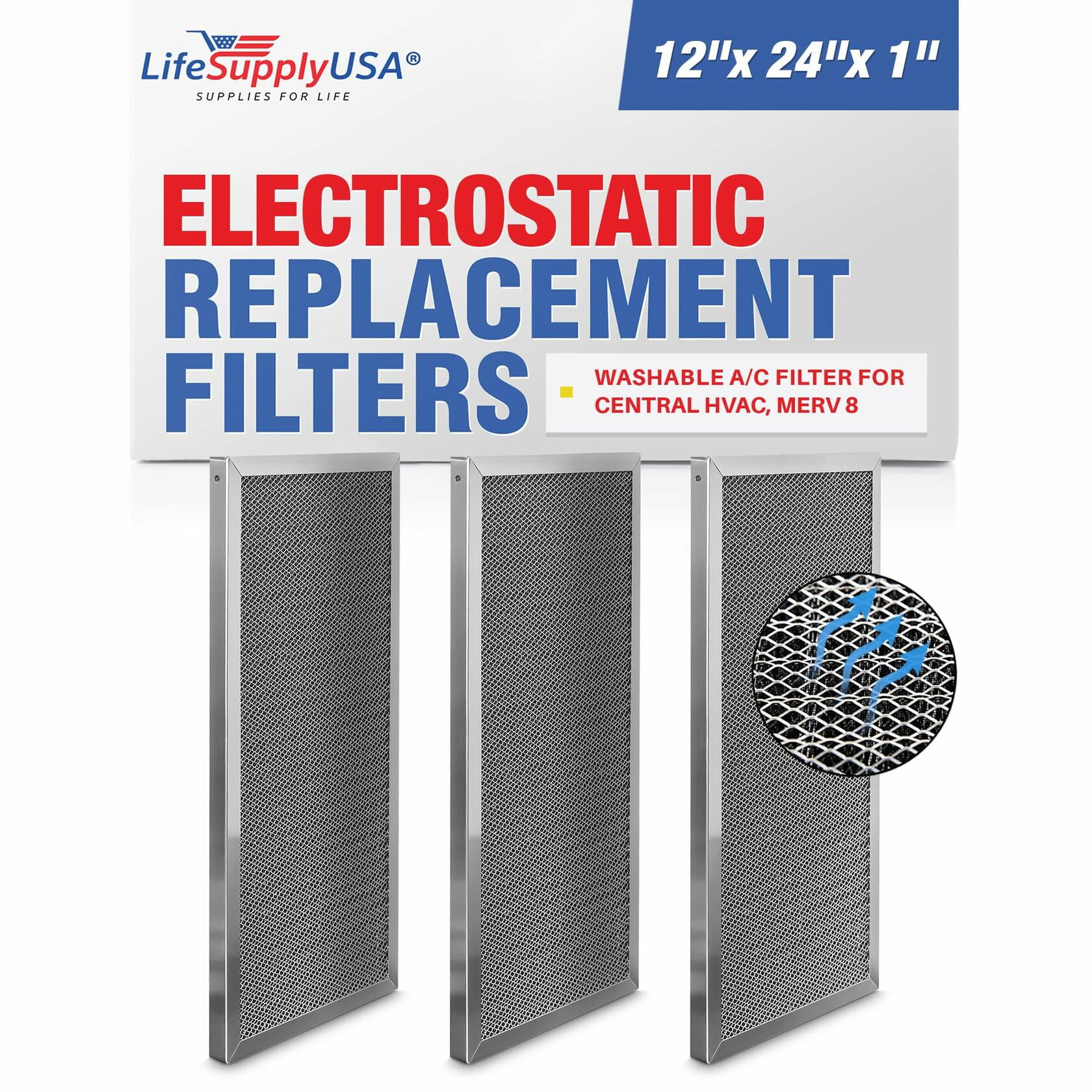 LifeSupplyUSA (12x24x1) Aluminum Electrostatic Air Filter Replacement ...
