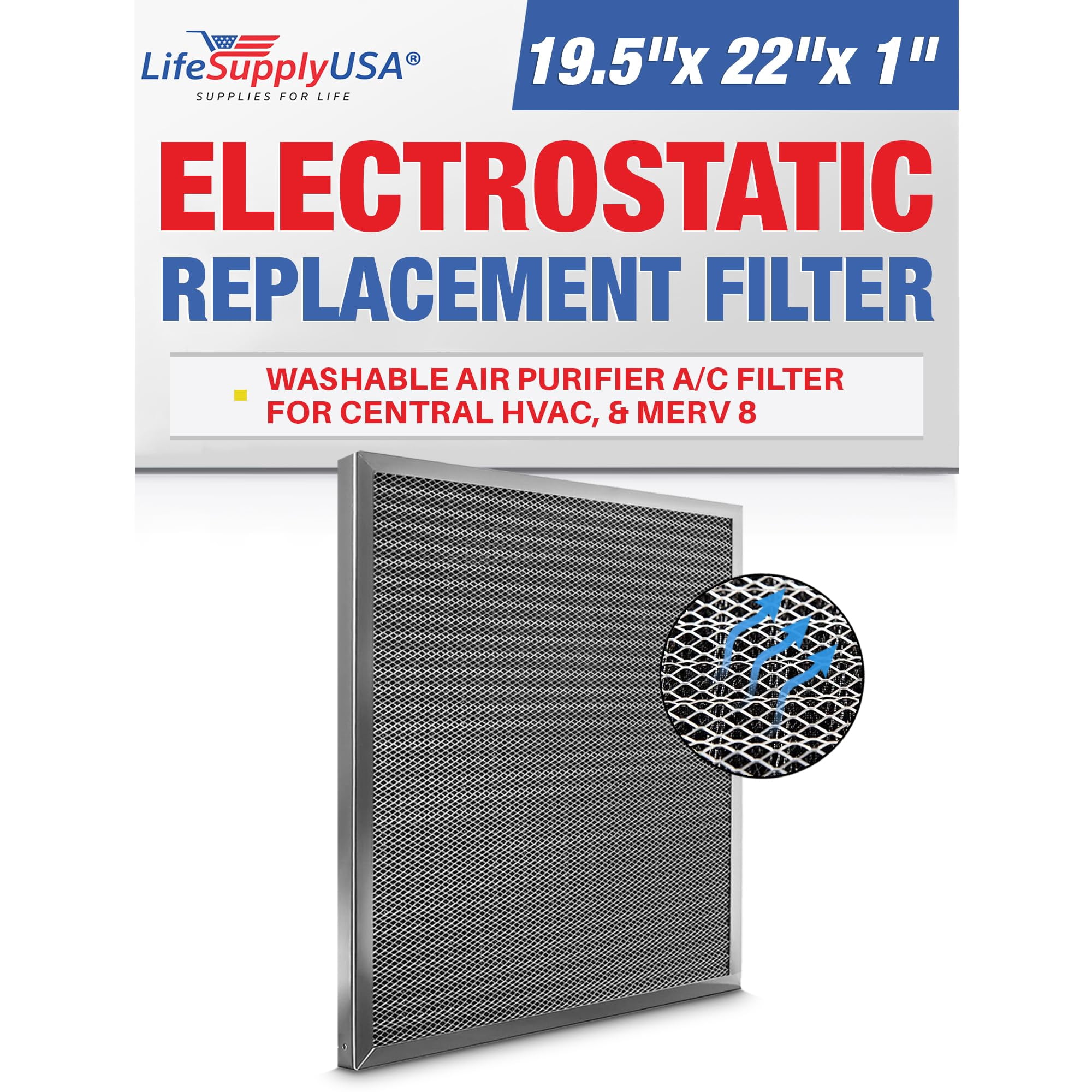 LifeSupplyUSA 20x22x1 Electrostatic Air Filter, MERV 8, Washable ...