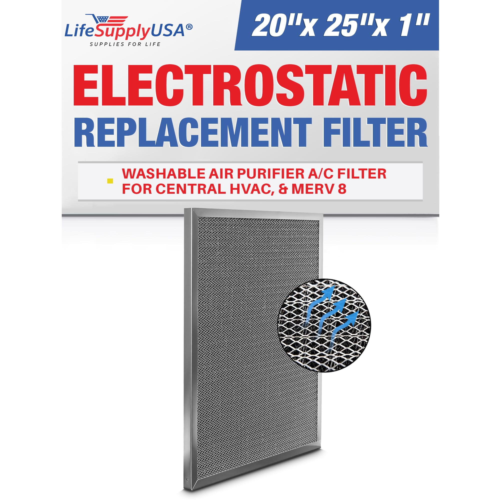LifeSupplyUSA 20x25x1 Electrostatic Air Filter, MERV 8, Washable ...