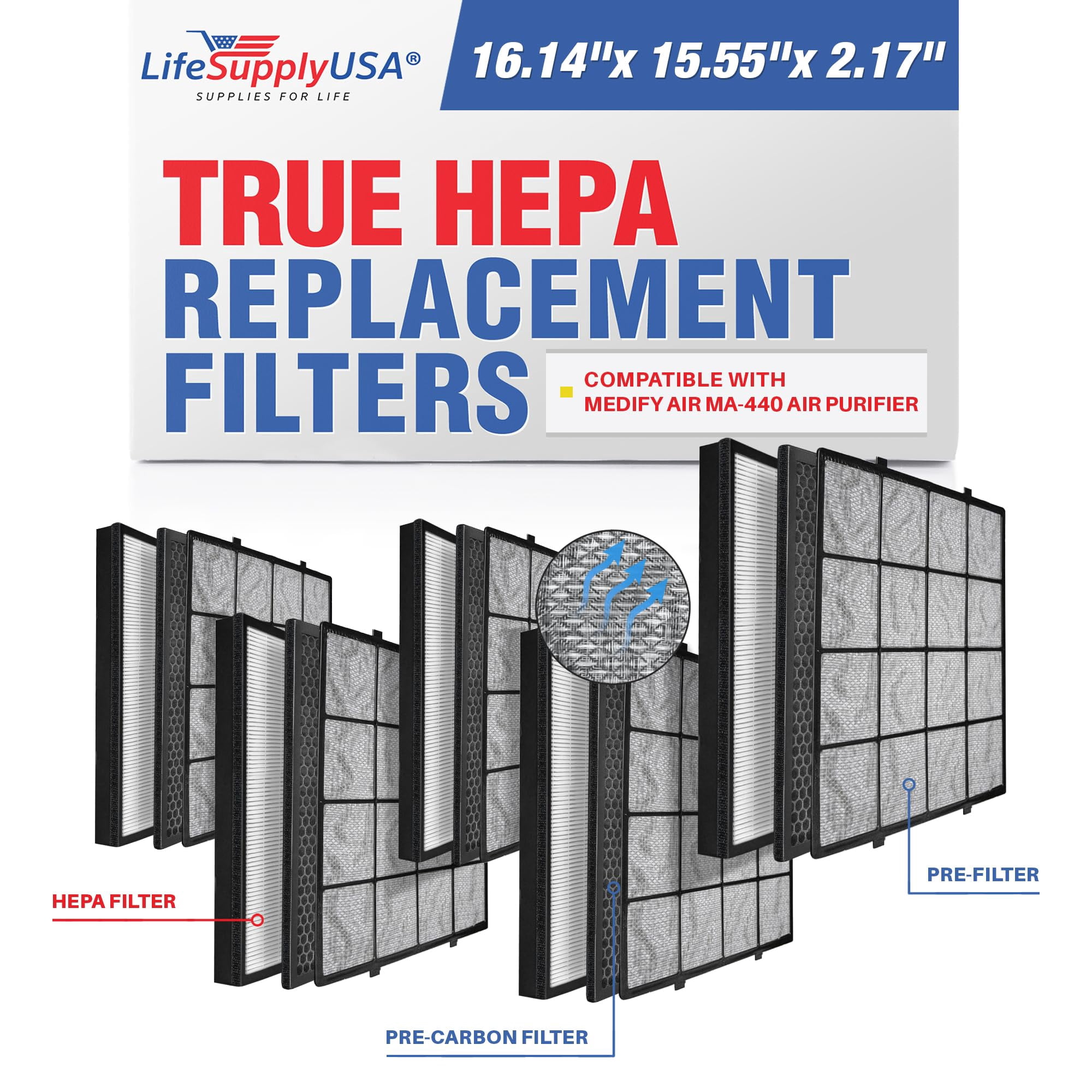 LifeSupplyUSA 3-in-1 True HEPA Air Cleaner Replacement Filter + Pre ...