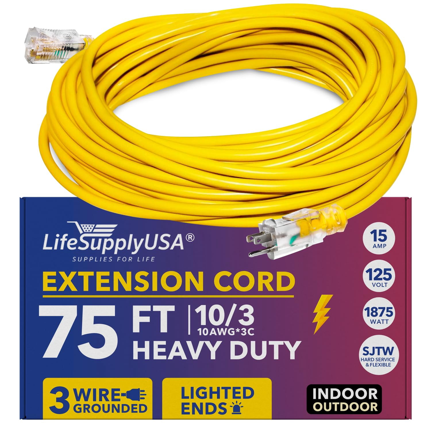 LifeSupplyUSA Power Extension Cord 75 ft Outdoor & Indoor Heavy Duty 10 ...