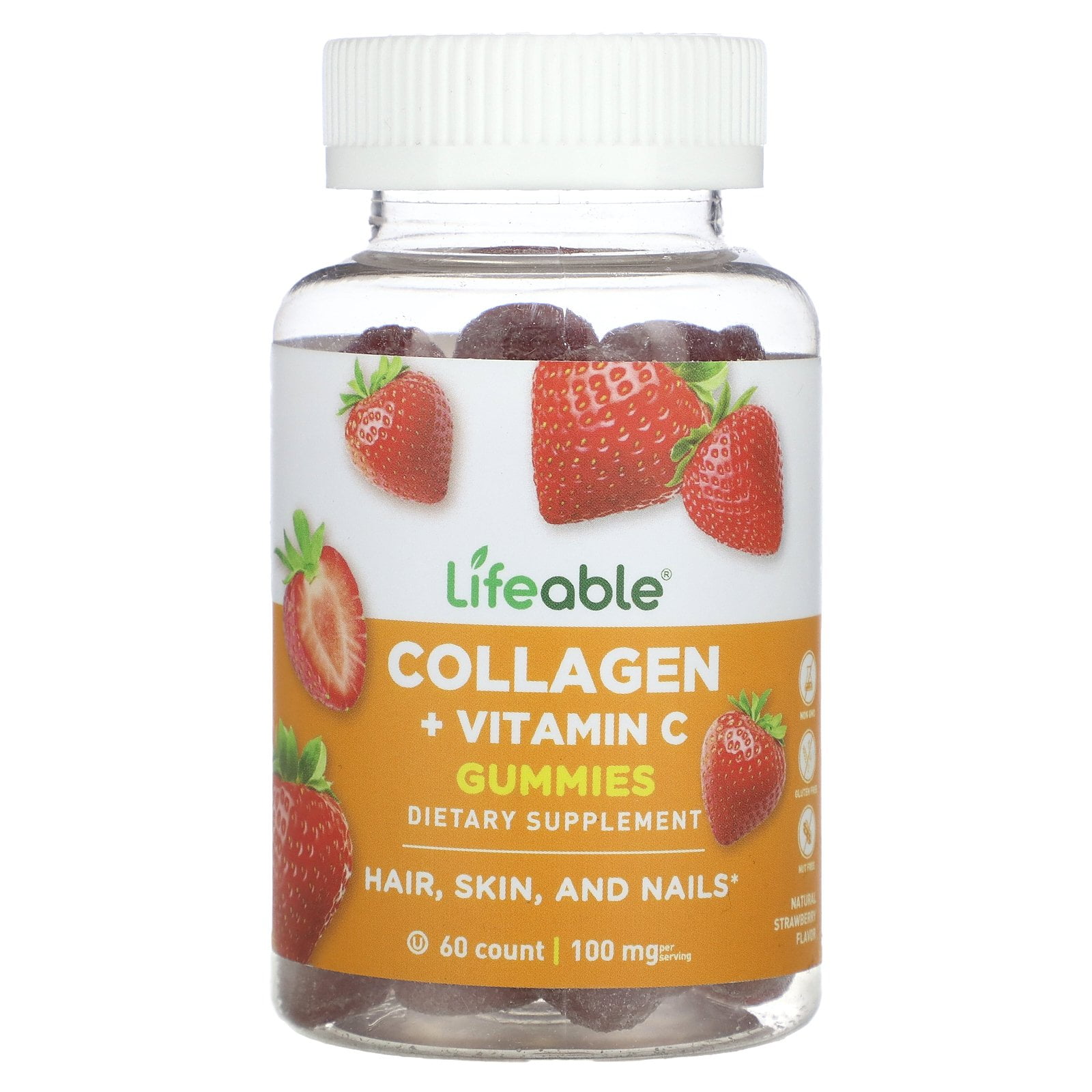 Lifeable Collagen + Vitamin C Gummies, Natural Strawberry, 60 Gummies ...
