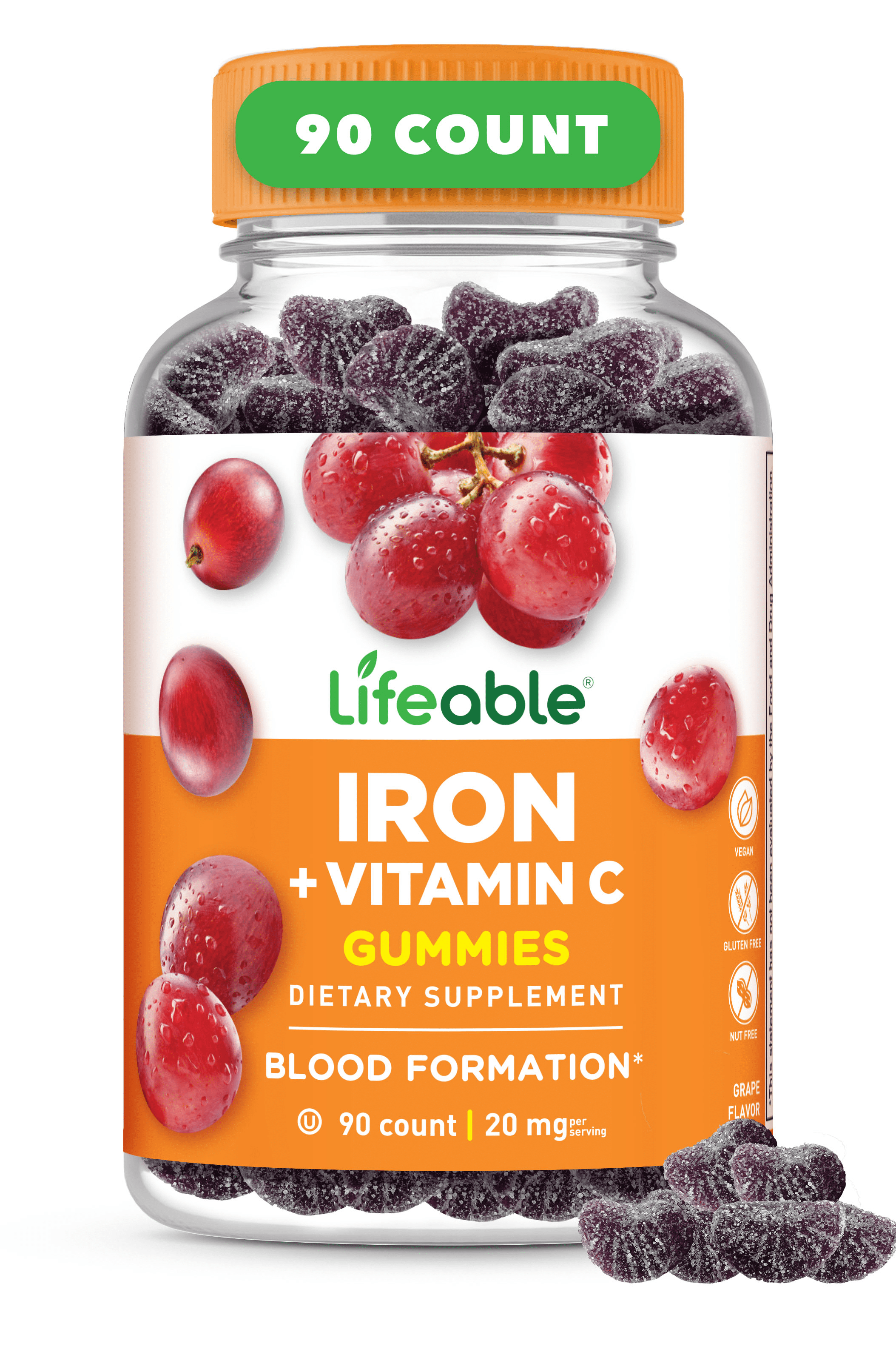 Lifeable Iron Gummies with Vitamin C, 20 mg, Vegetarian Chewable for ...