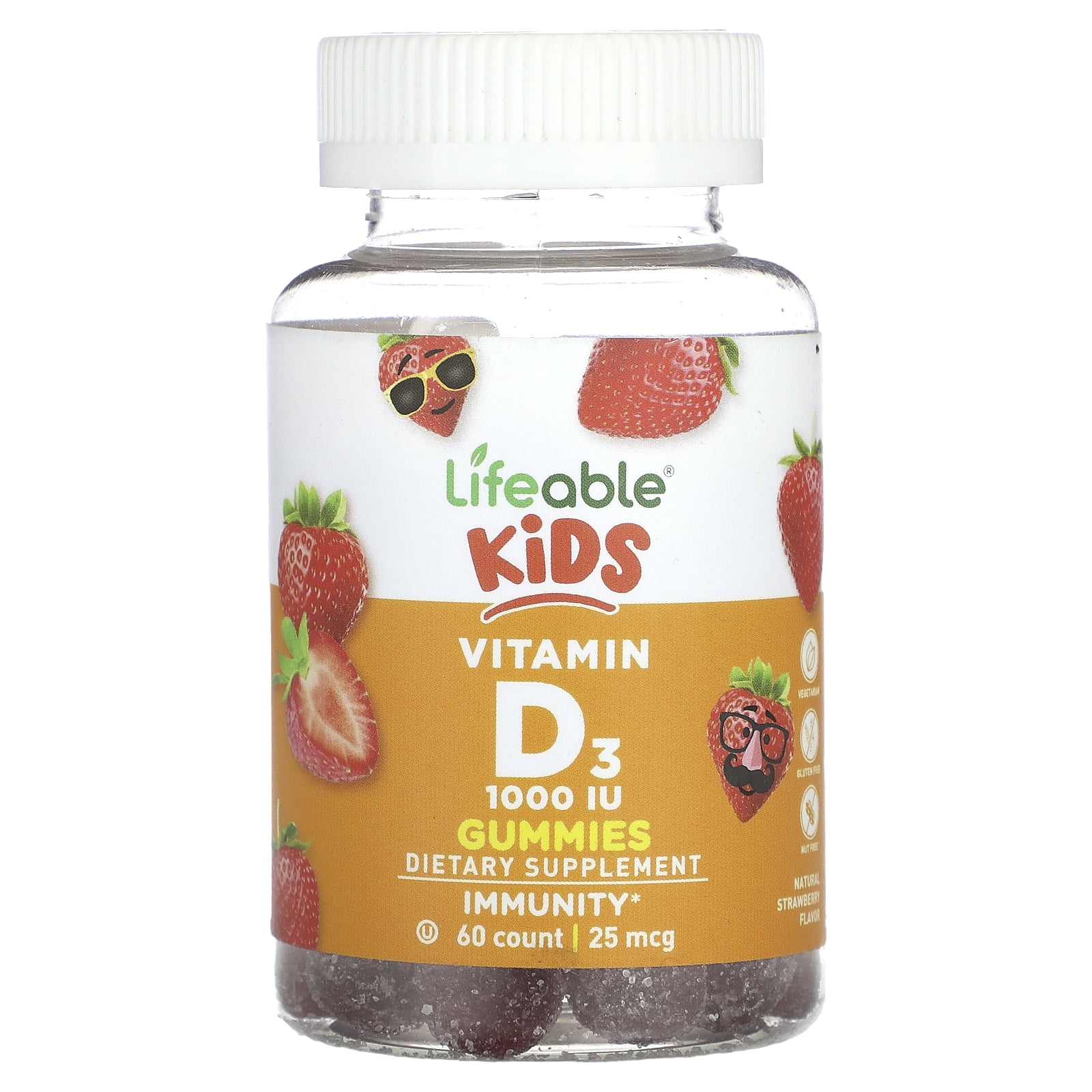 Lifeable Kids Vitamin D3 Gummies, Natural Strawberry, 25 mcg (1,000 IU ...