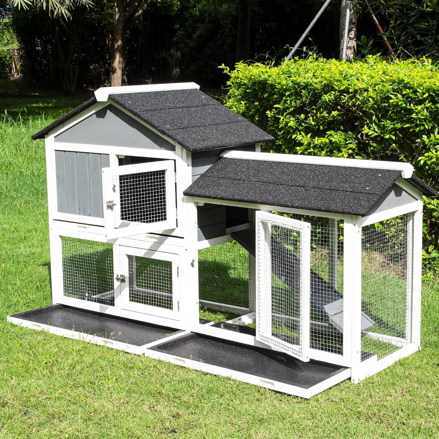 Lifeand 61''L Deluxe Multi-Level Rabbit Hutch with Pull Out Tray, Ramp ...