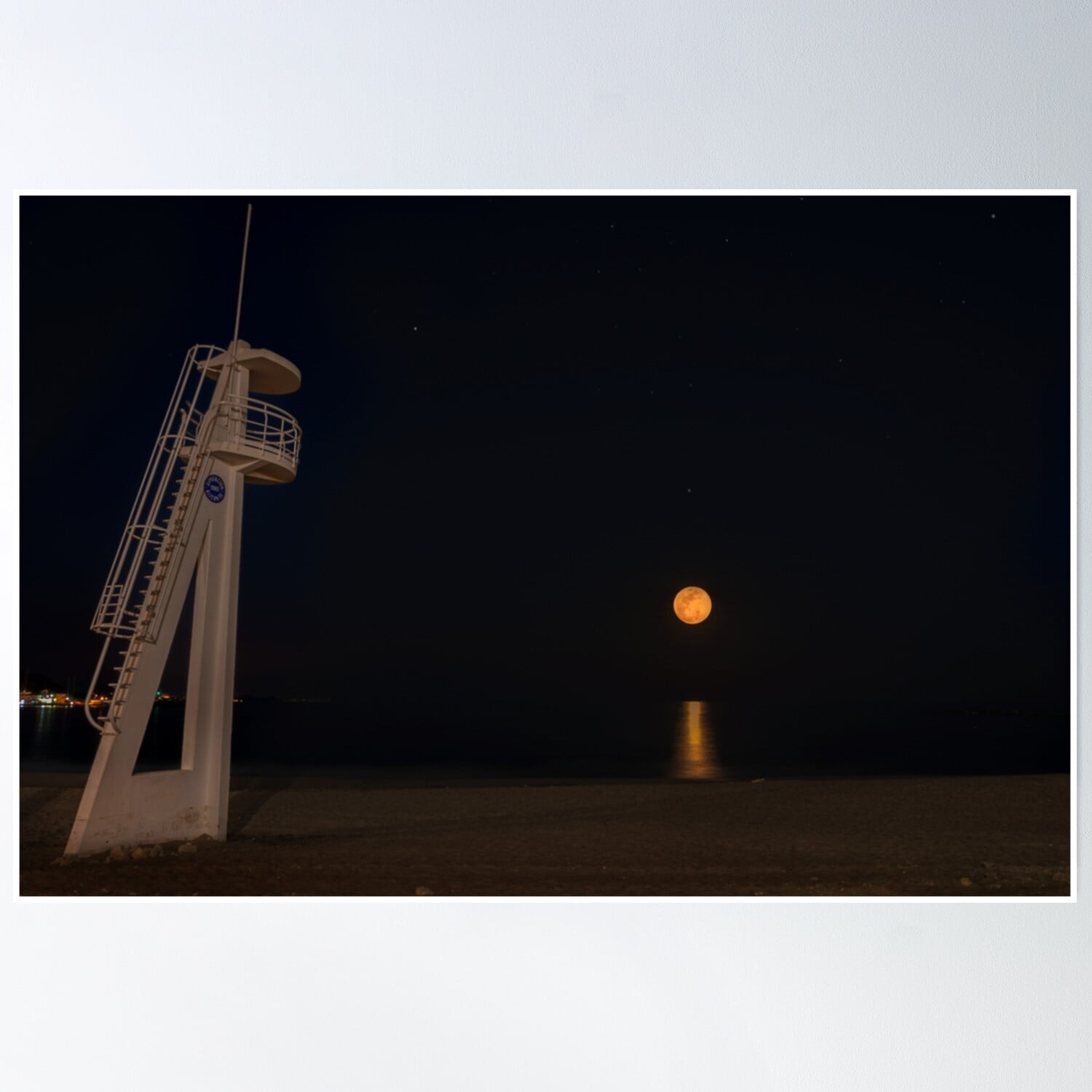 Lifeguard Tower Greets An Orange Moon Poster Wall Art, Modern Wall ...