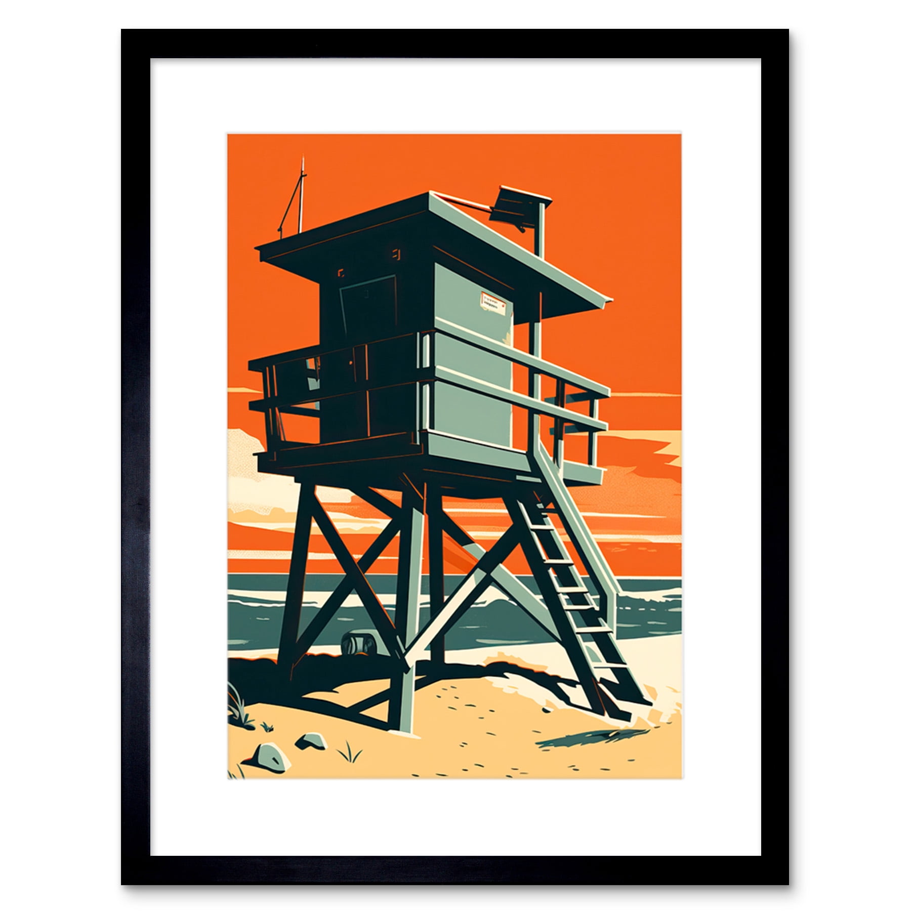 Lifeguard Tower Seascape Pastel Colour Orange Teal Blue Beach Bathroom ...