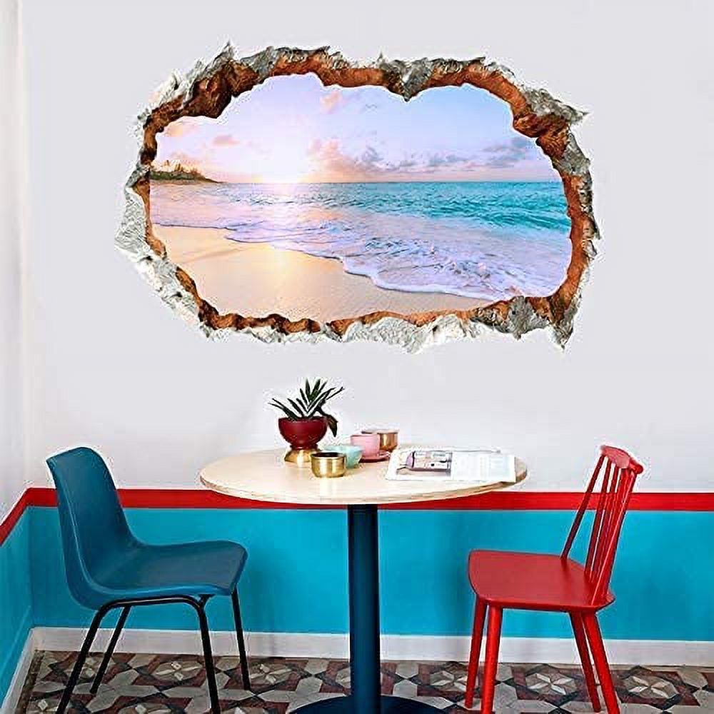 Lifelike 3D Beach Wall Decals Coastline Scenery Wall Stickers Bedroom ...
