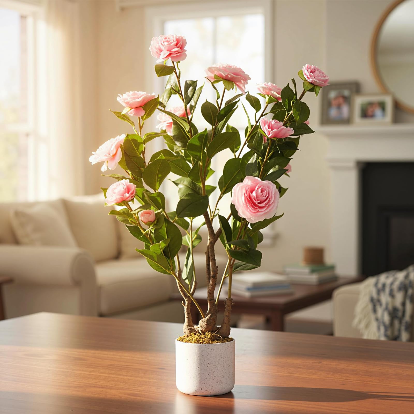 Lifelike Artificial Camellia Tree in Pot - Realistic Faux Flowers with ...