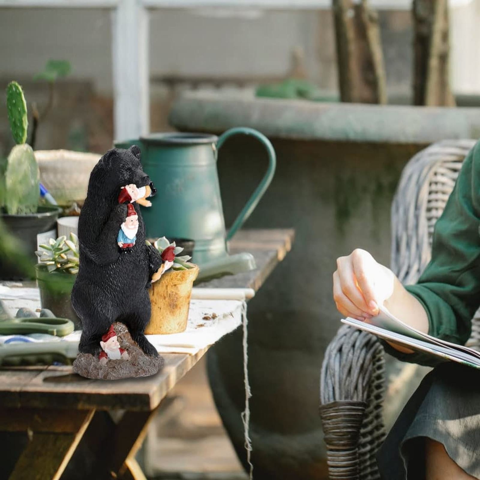 Lifelike Black Bear Eating Gnome Sculpture - Garden Statue Figurine ...