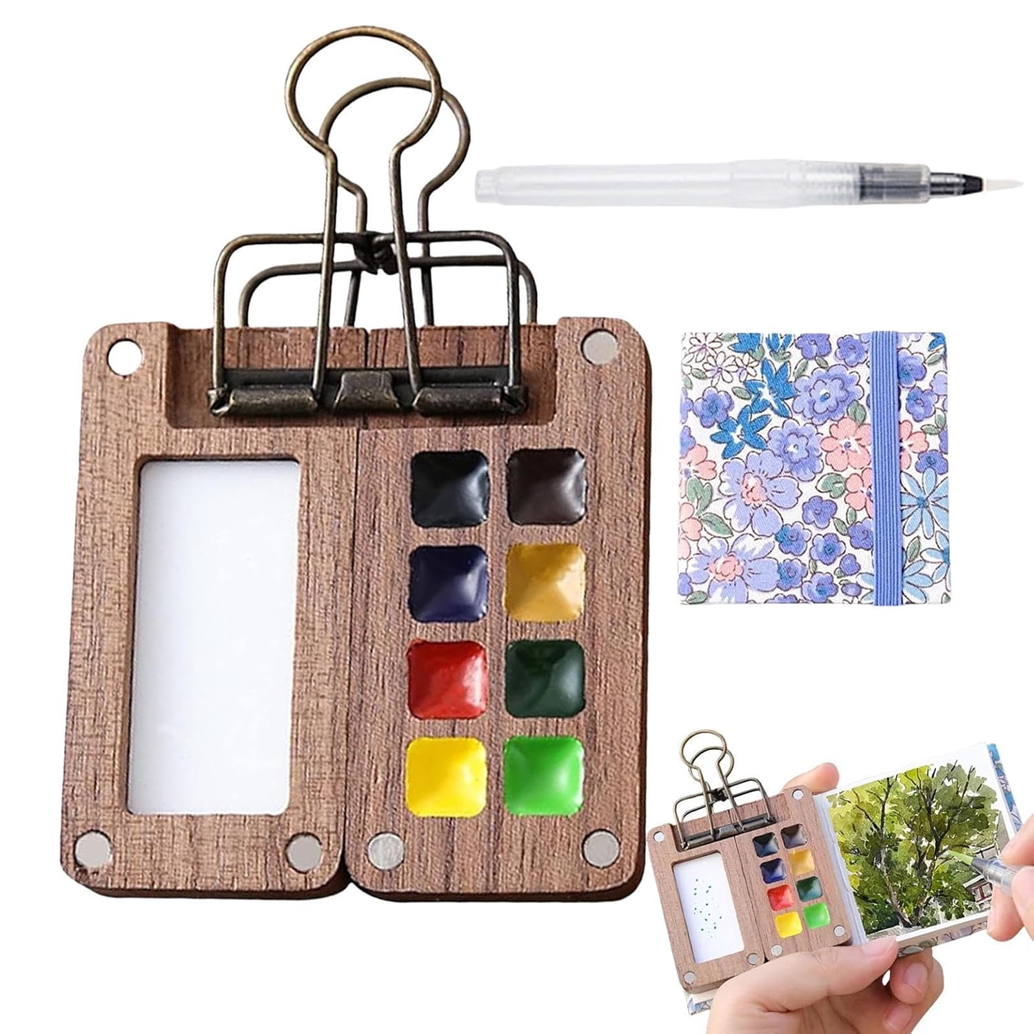 Lifellery 8 Grids Wooden Travel Paint Palette,Portable Watercolor ...
